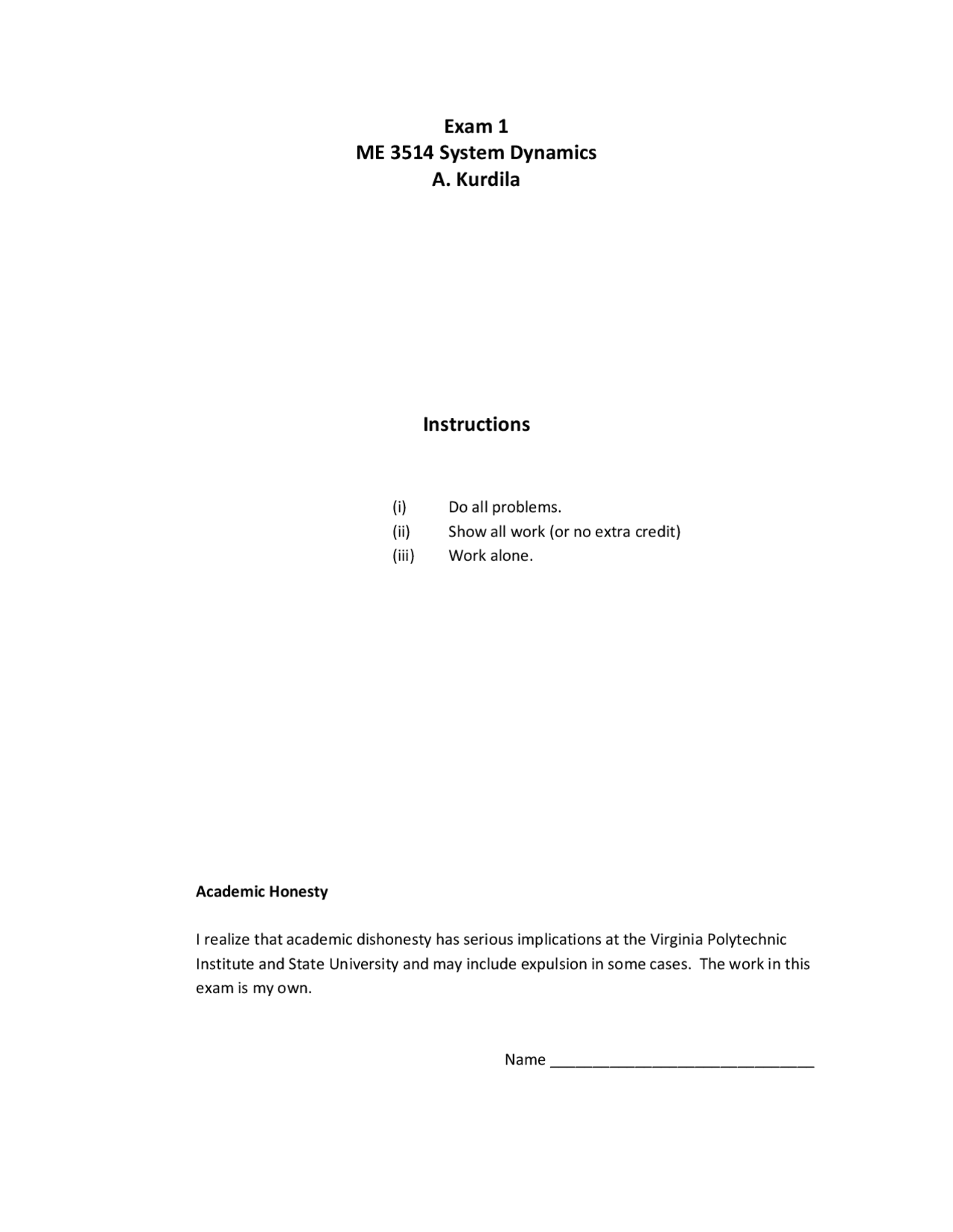 Practice Examination 1 - System Dynamics | ME 3514 - Docsity