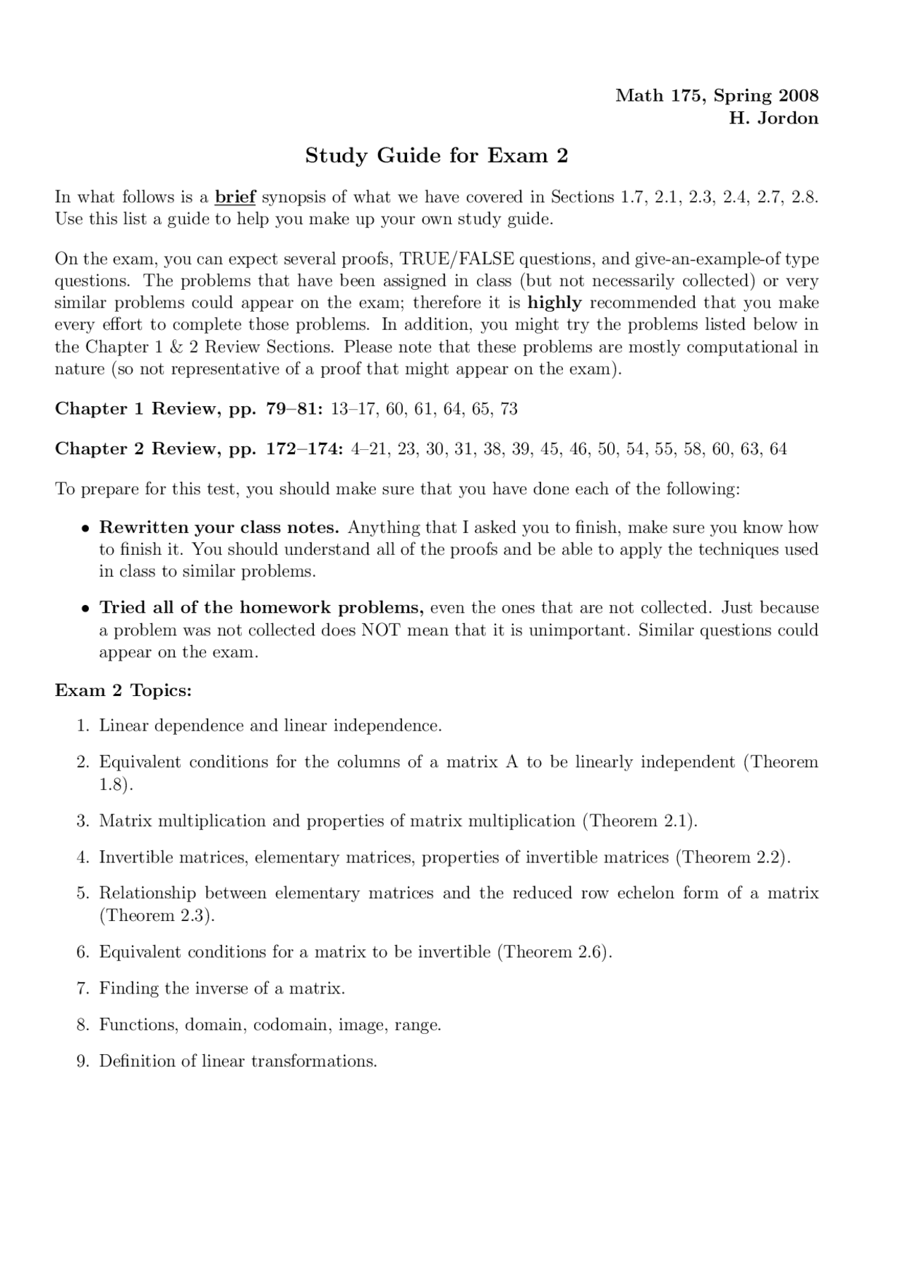 Math 175, Spring 2008 - Study Guide for Exam 2 - Prof. Heather Jordon ...