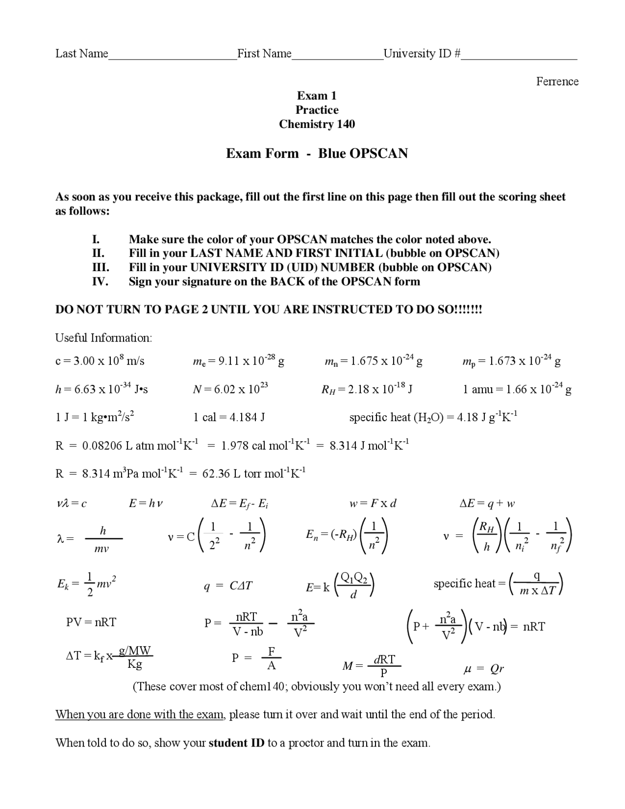 General Chemistry I Exercices For Exam 1 Practice Che 14000 Docsity