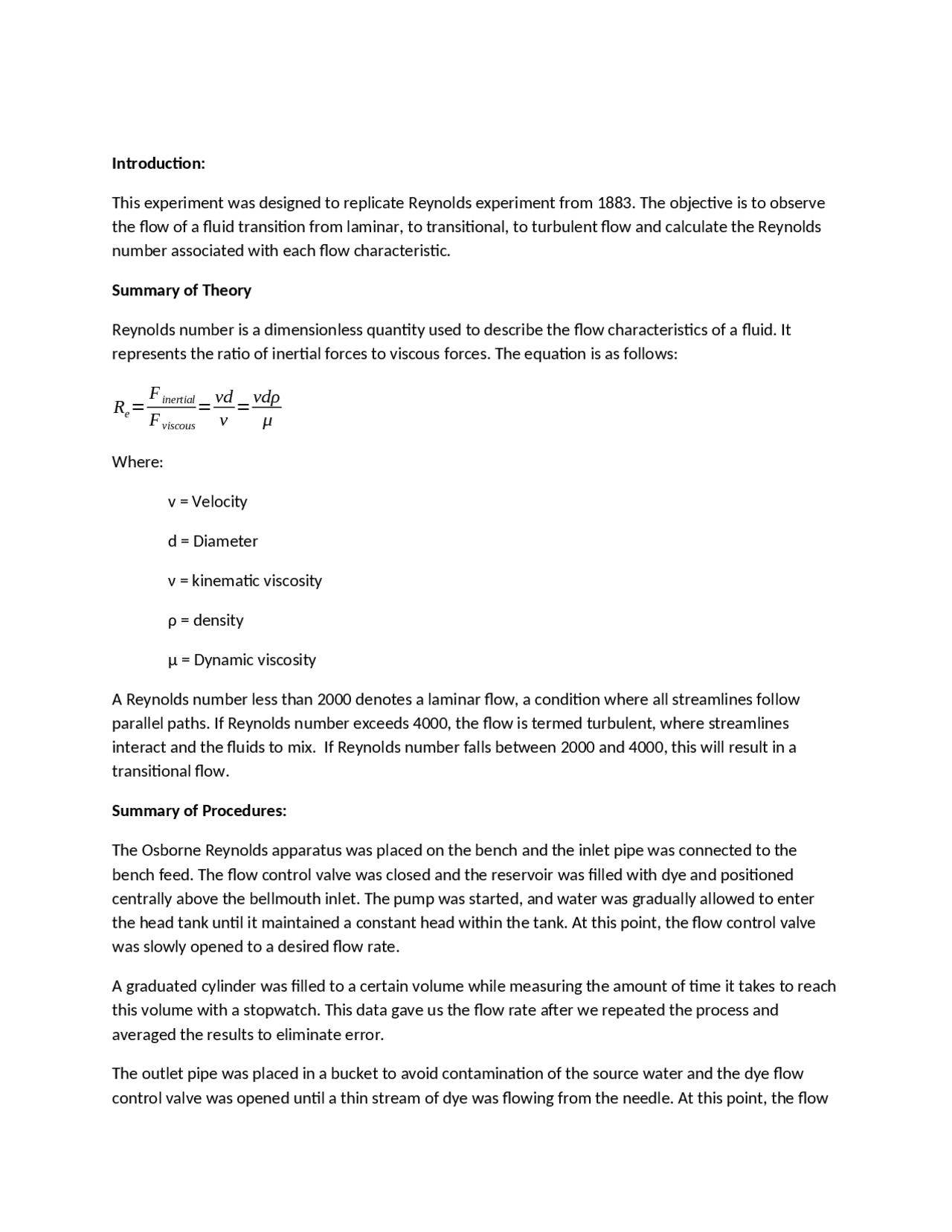 Reynolds Experiment - Fluid Mechanics | CEE 3304 - Docsity