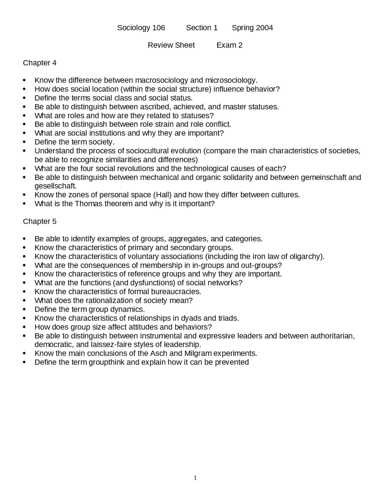 Sociology Review Sheet for Exam 2 - Spring 2004 - Chapters 4-7 - Prof ...