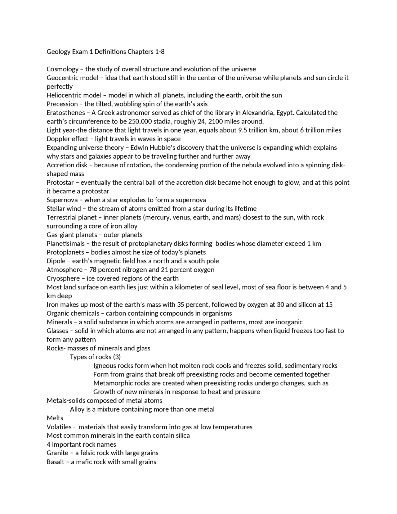 Old Examination 1 Definitions Physical Geology Geol 1004 Docsity
