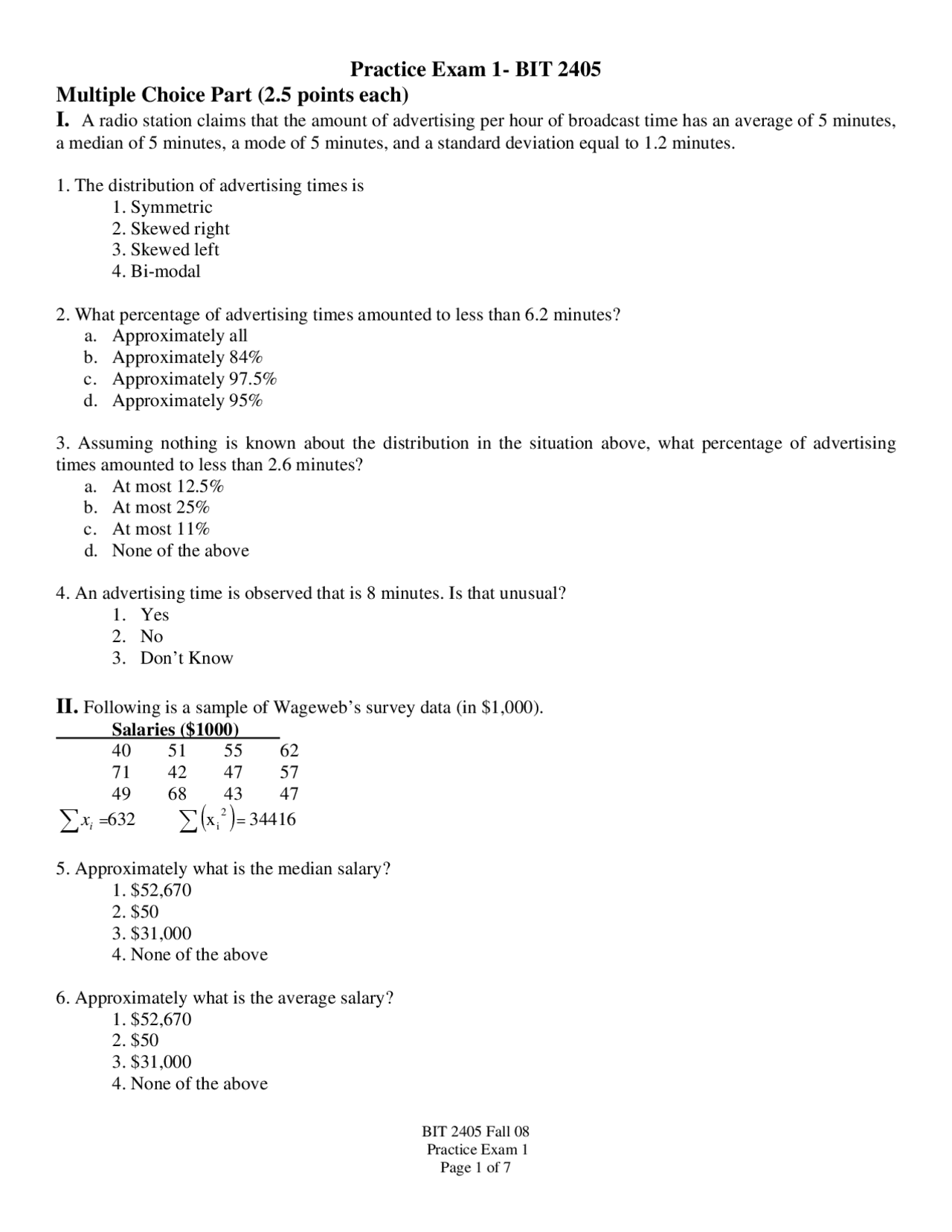 Practice Exam 1 Questions Quantitative Methods Bit 2405 Docsity