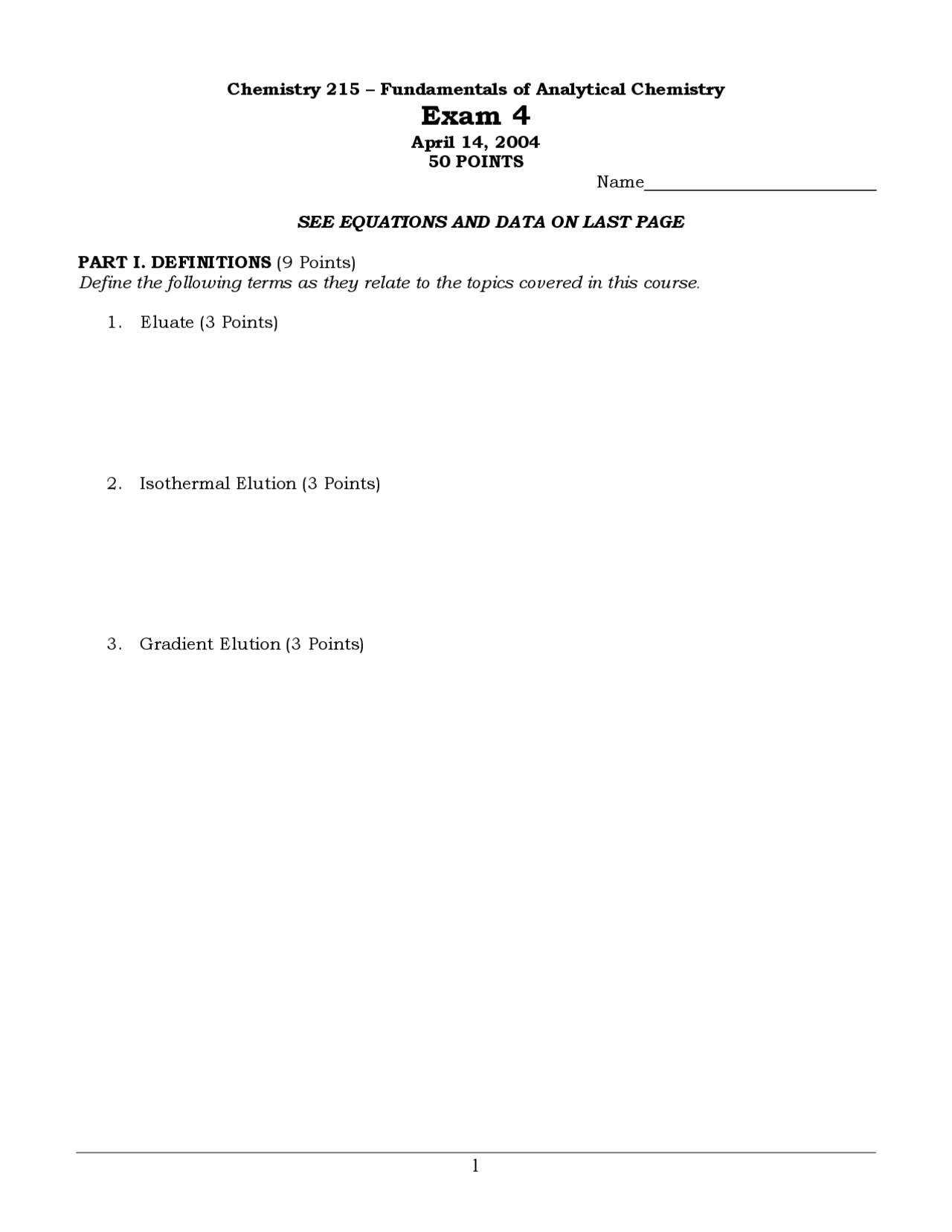 Exam 4 Practice Questions On Fundamentals Of Analytical Chemistry Che