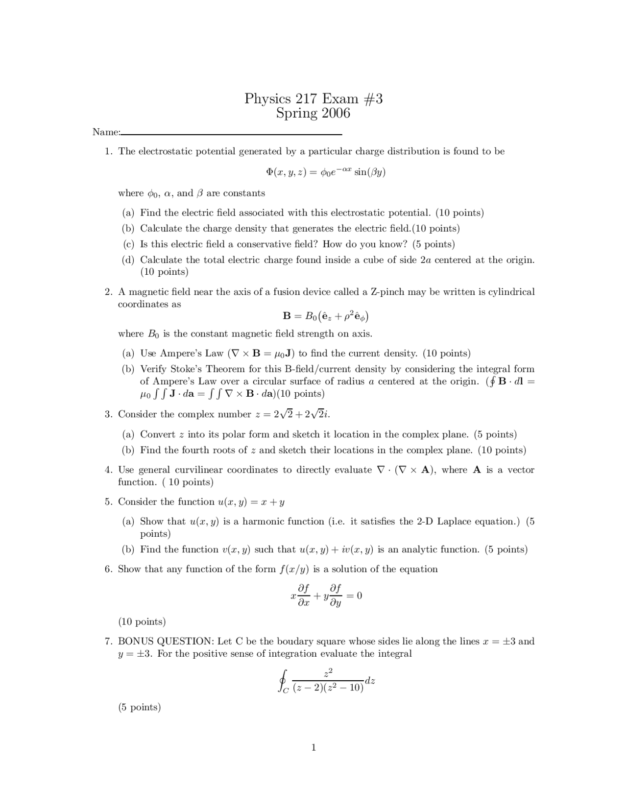 Spring Exam Methods Of Theoretical Physics Phy 21700 Docsity
