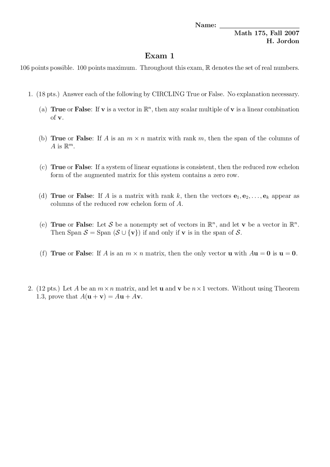 Exam 1 Elementary Linear Algebra Fall 2007 Mat 17500 Docsity