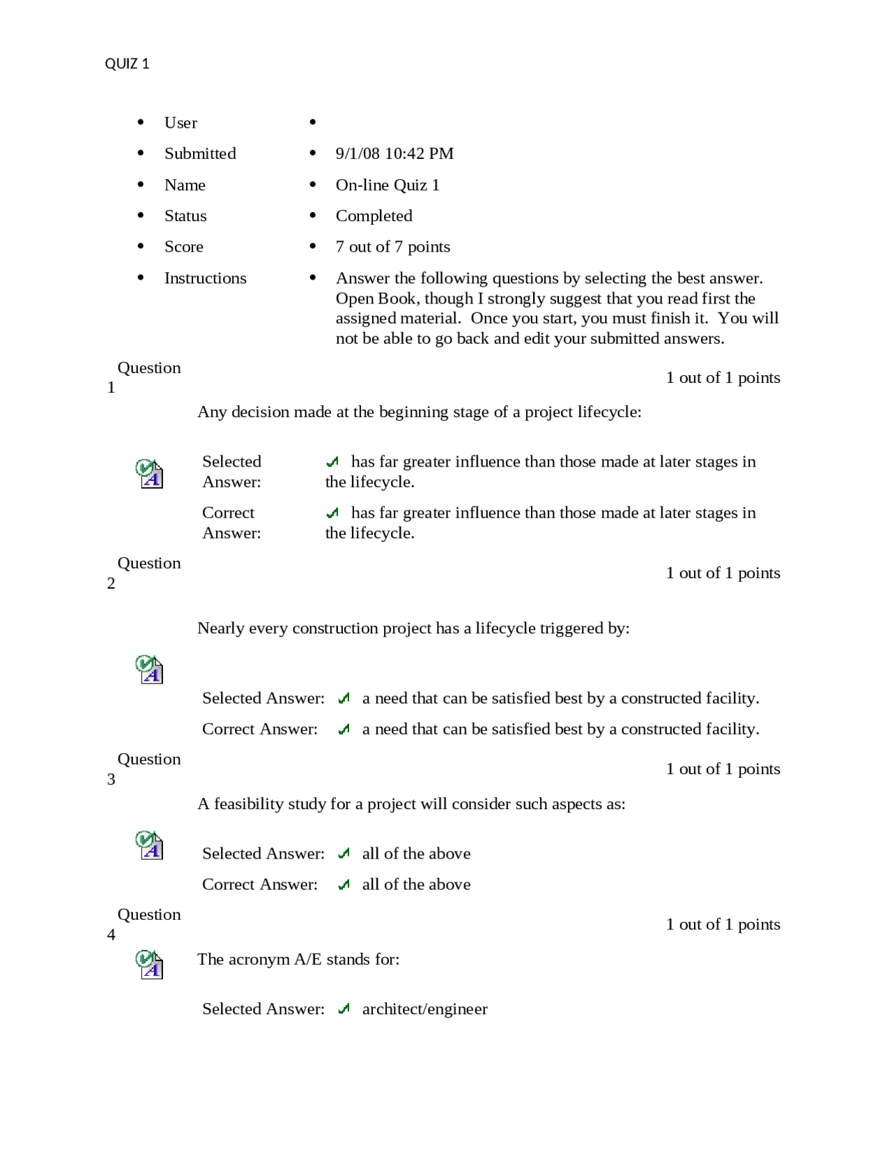 On Line Quiz 1 Construction Management Cee 3014 Docsity
