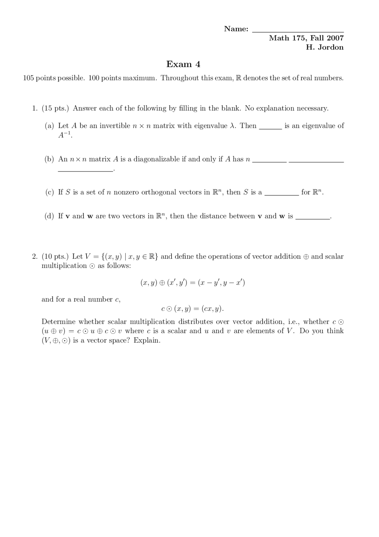 Practice Exam 4 - Elementary Linear Algebra | MAT 175.00 - Docsity