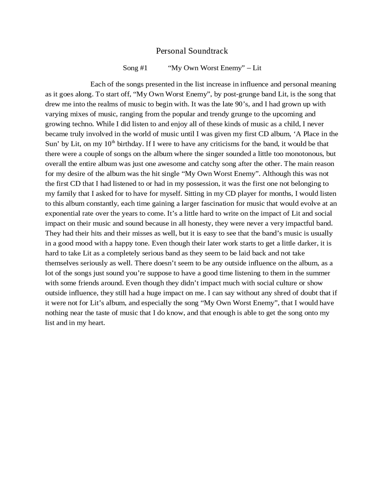 Paper on making a personal soundtrack of our life - First year Writing ...