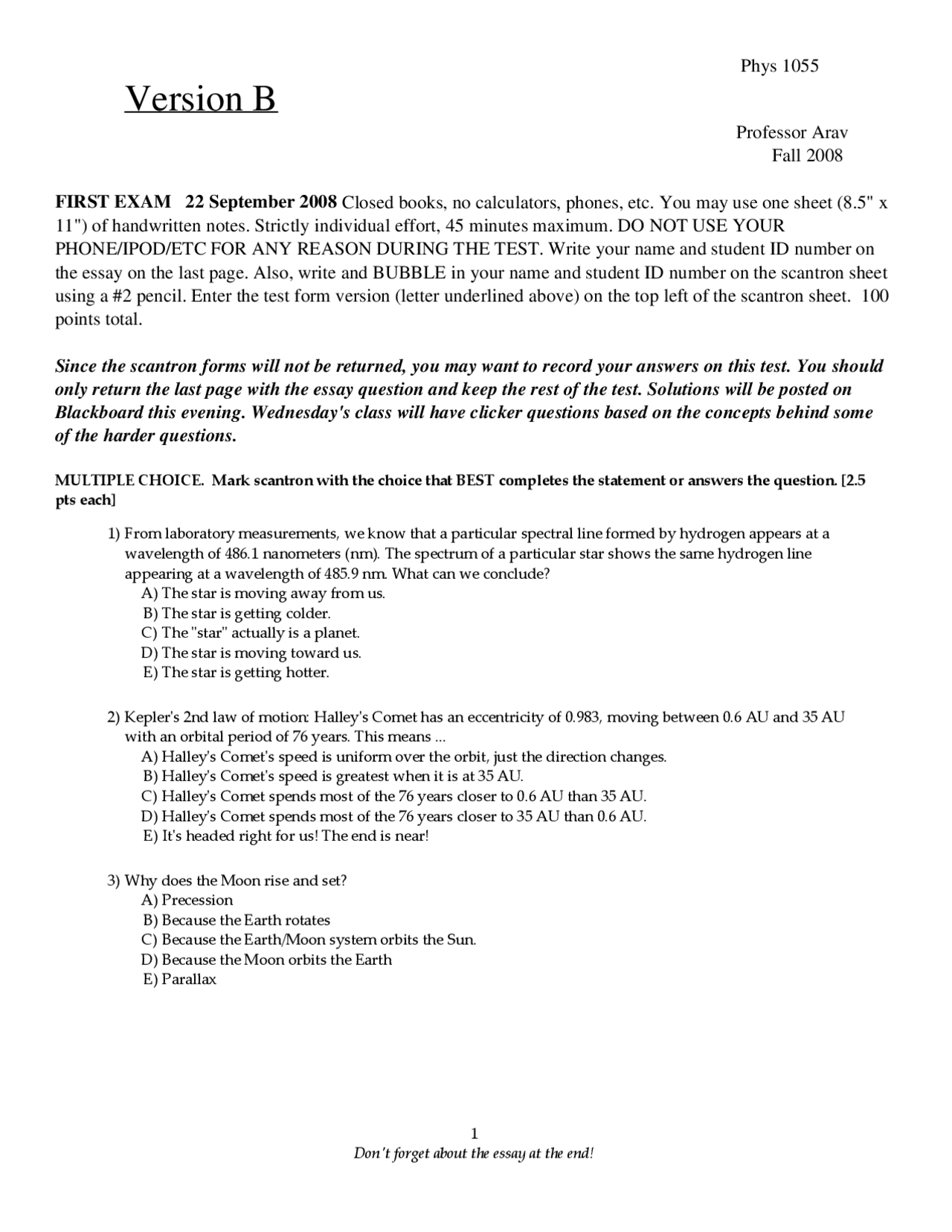 Exam 1 For Introduction To Astronomy Phys 1055 Docsity
