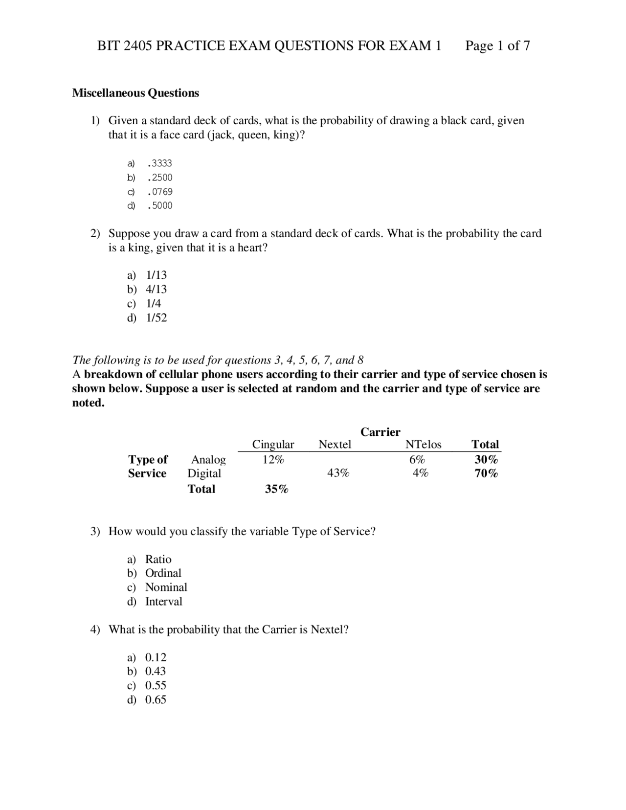 Practice Questions For Exam 1 Quantitative Methods Bit 2405 Exams