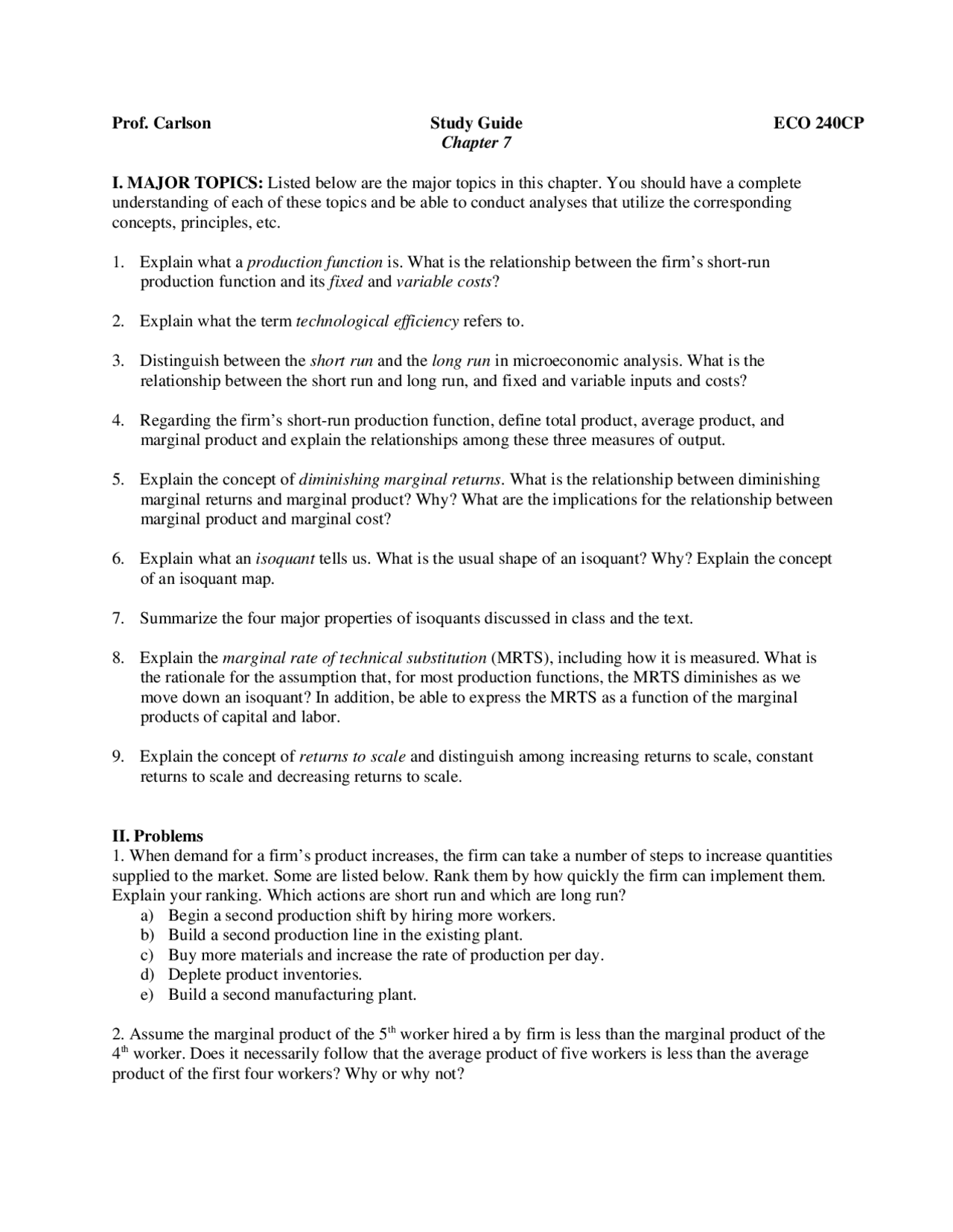 ECO 240CP Chapter 7: Production Functions and Efficiency - Prof ...