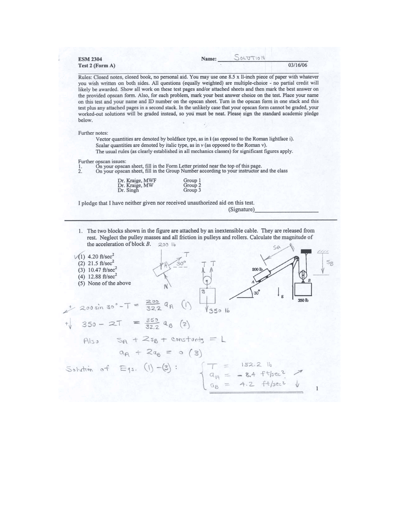 Past Test 2 Form A With Solutions Dynamics Esm 2304 Docsity