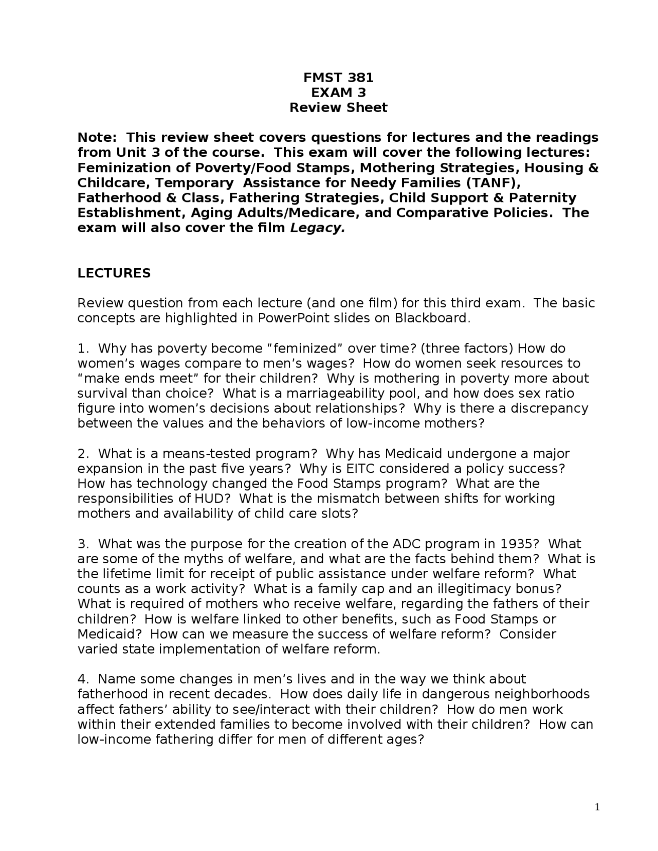 Exam 3 Review Sheet - Poverty and Affluence | FMSC 381 - Docsity