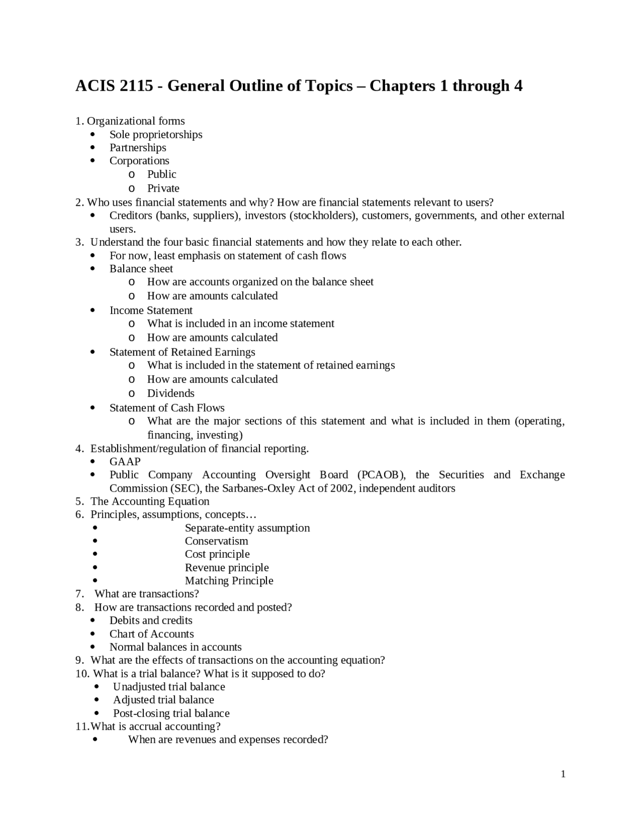General Outline Organizational Form Principles Of Accounting Acis