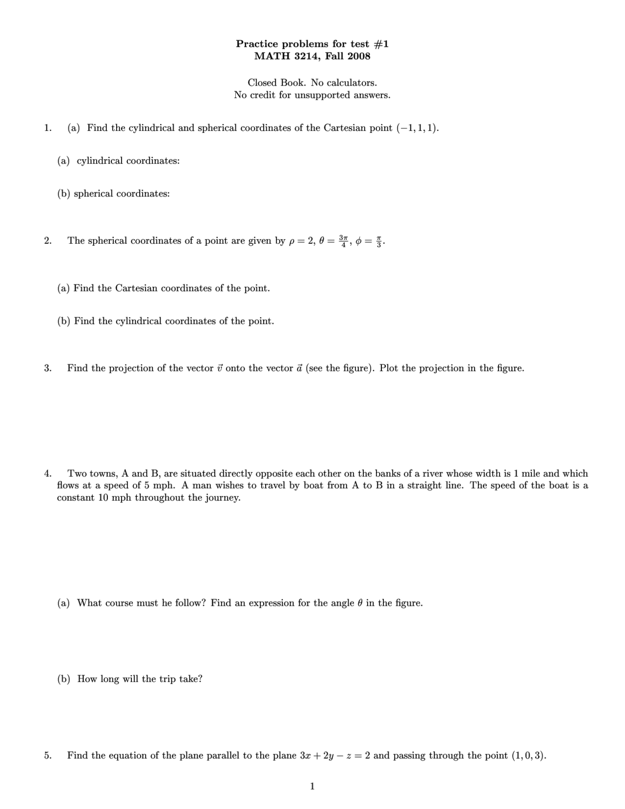 Calculus of Several Variables - Practice Problems for Test 1 | MATH ...