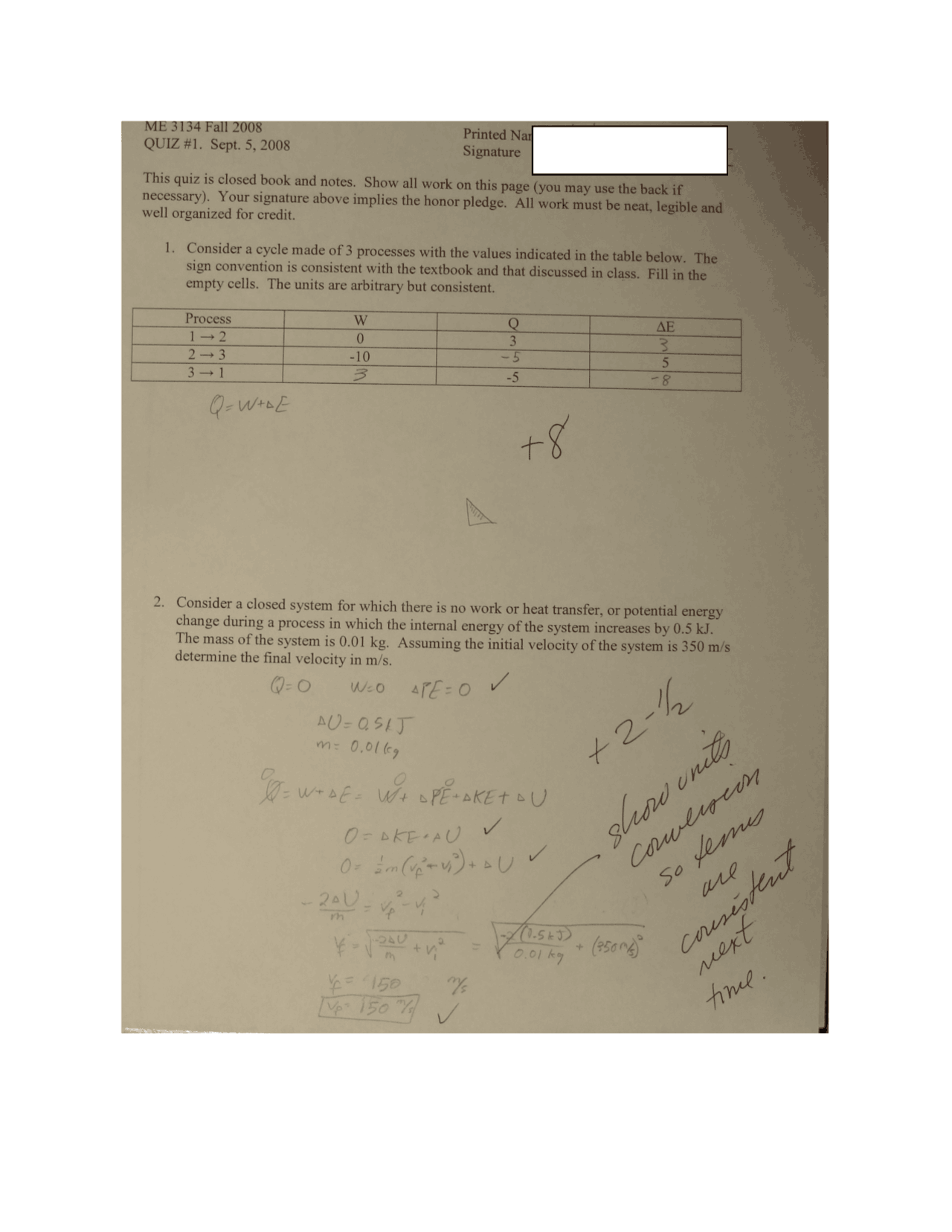 Fundamentals Of Thermodynamics Practice Quiz 1 Me 3134 Docsity