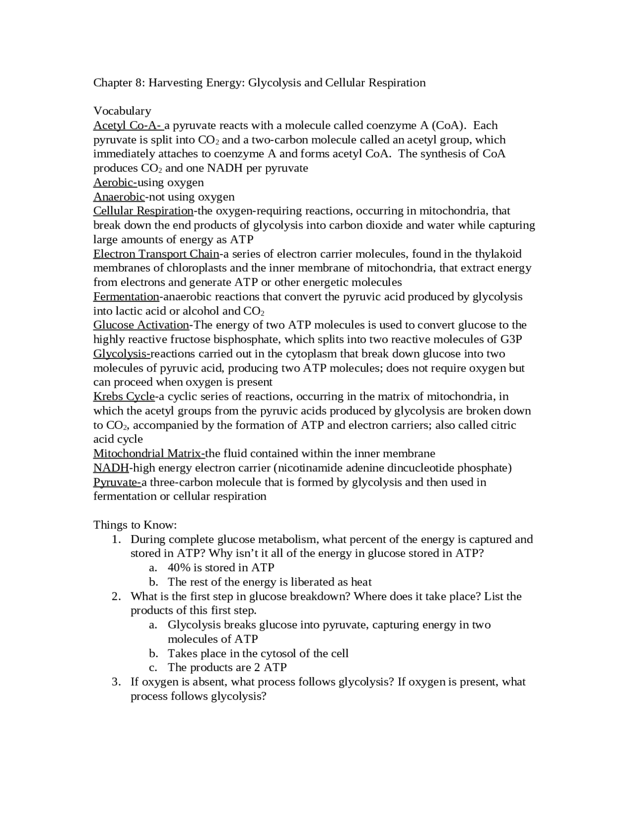 Glycolysis & Cellular Respiration: Vocabulary & Questions with Answers ...
