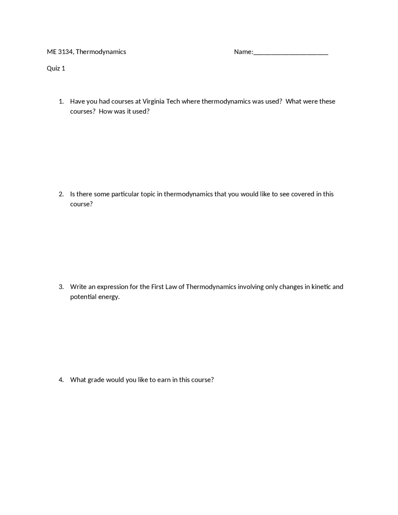 5 Questions For Quiz 1 Fundamentals Of Thermodynamics Me 3134 Docsity