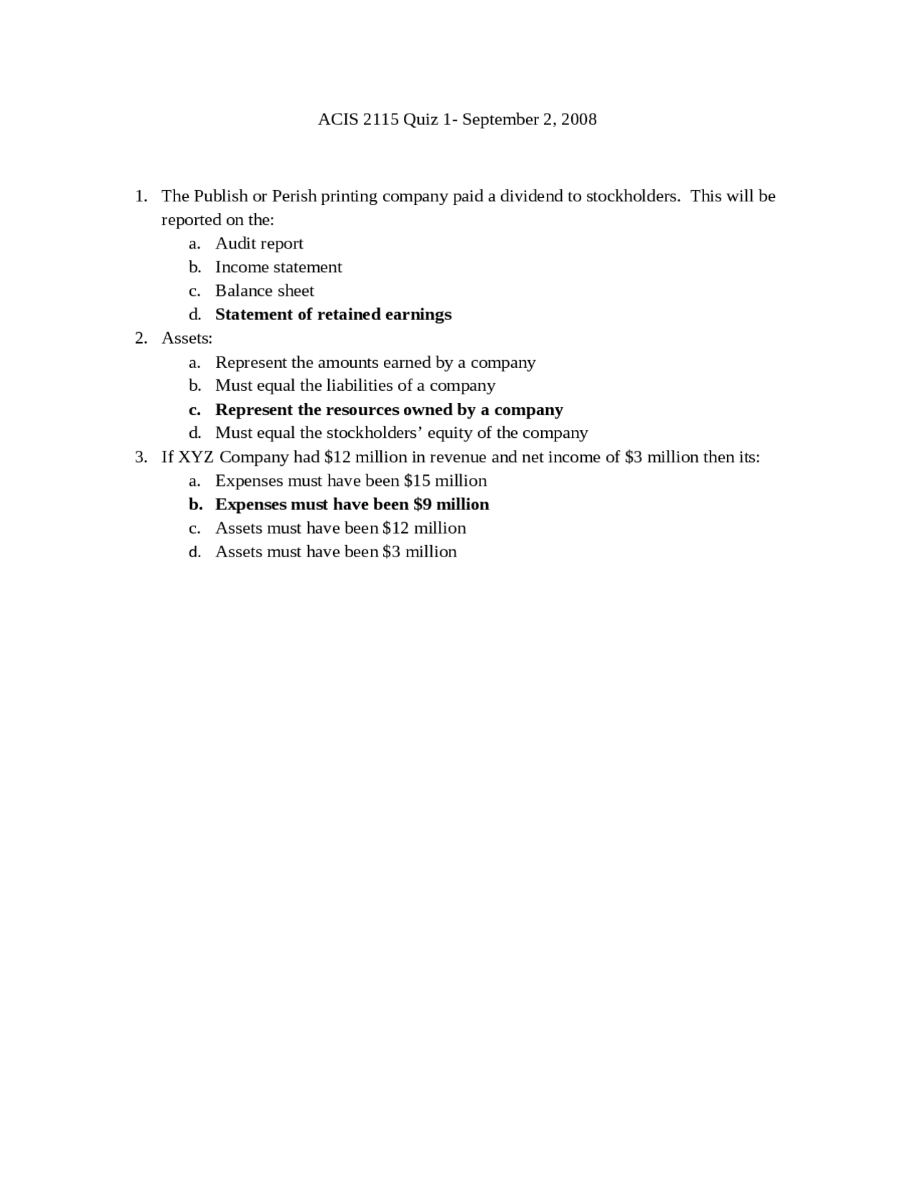 Quiz 1 With Solution Principles Of Accounting Acis 2115 Docsity