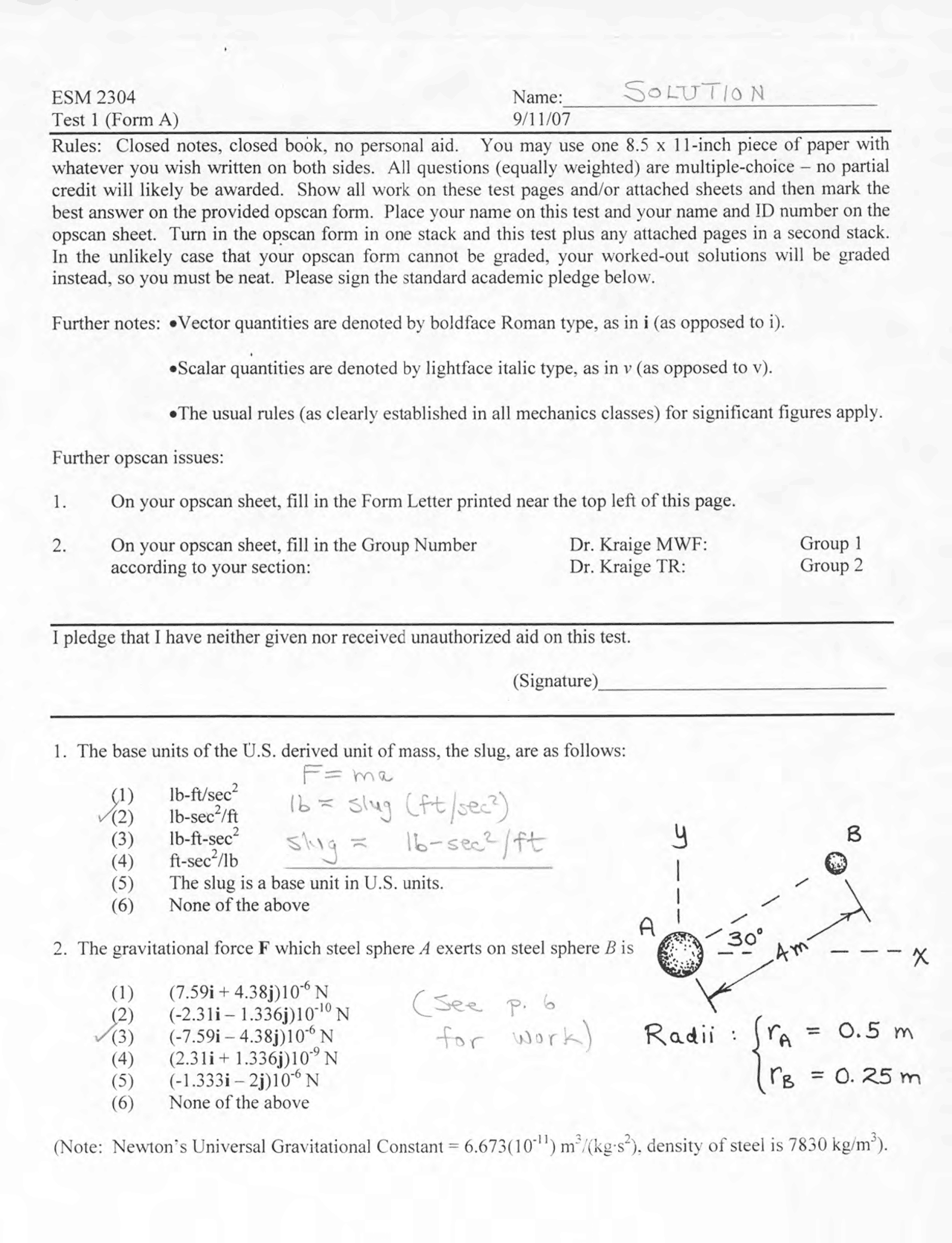 Resolution For Test 1 A Dynamics Fall 2007 Esm 2304 Docsity