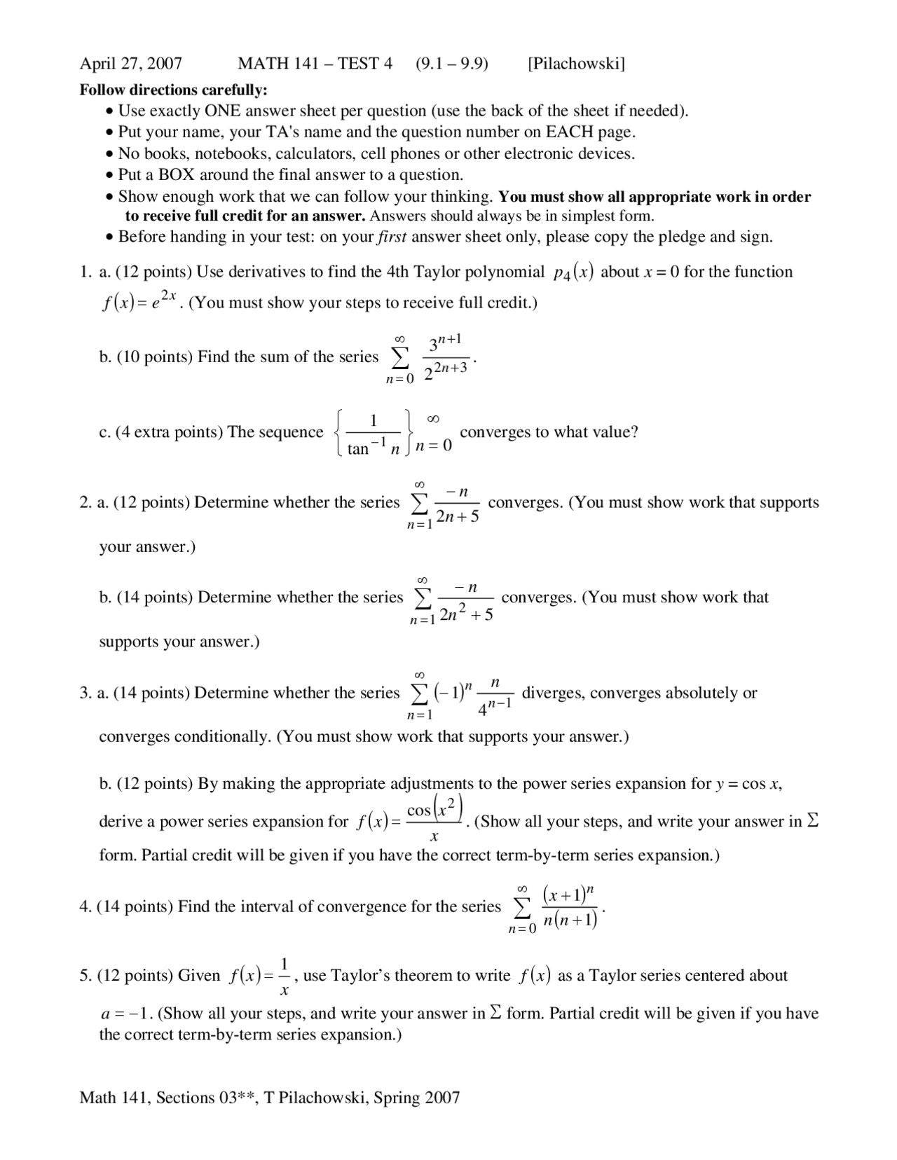 5 Questions On Calculus Ii Test 4 Math 141 Docsity