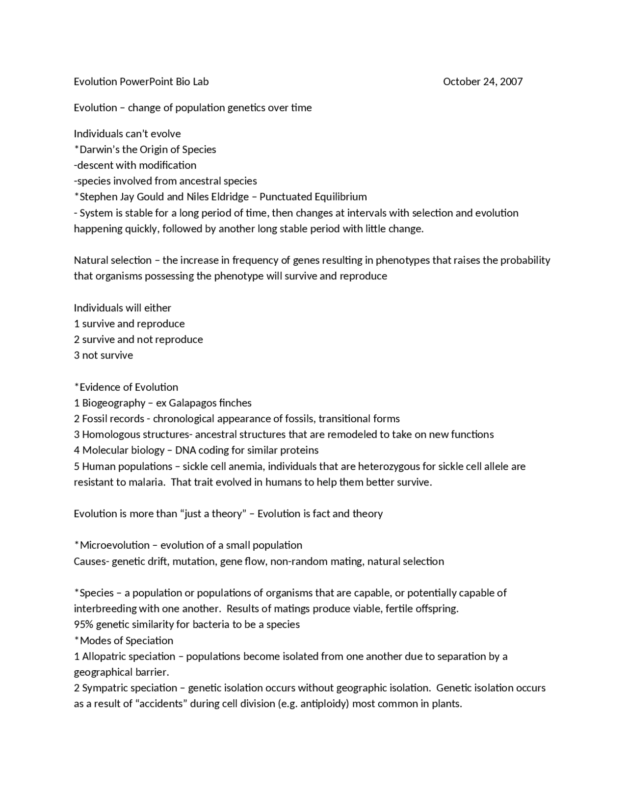 Evolution Powerpoint Bio Lab Introductory Sociology Soc 1004 Docsity