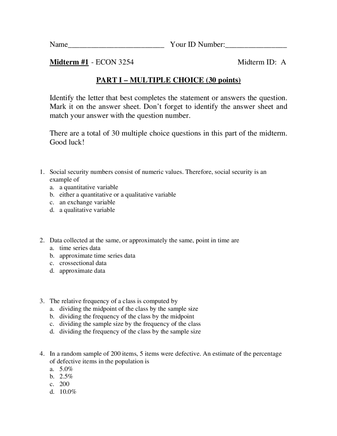 Multiple Choice Questions For Exam 1 Macroeconomic Theory Econ 3204
