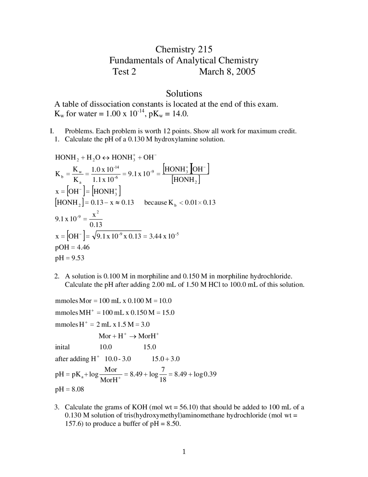 Analytical Chemistry Fundamentals: Test 2 Solutions - Problems ...