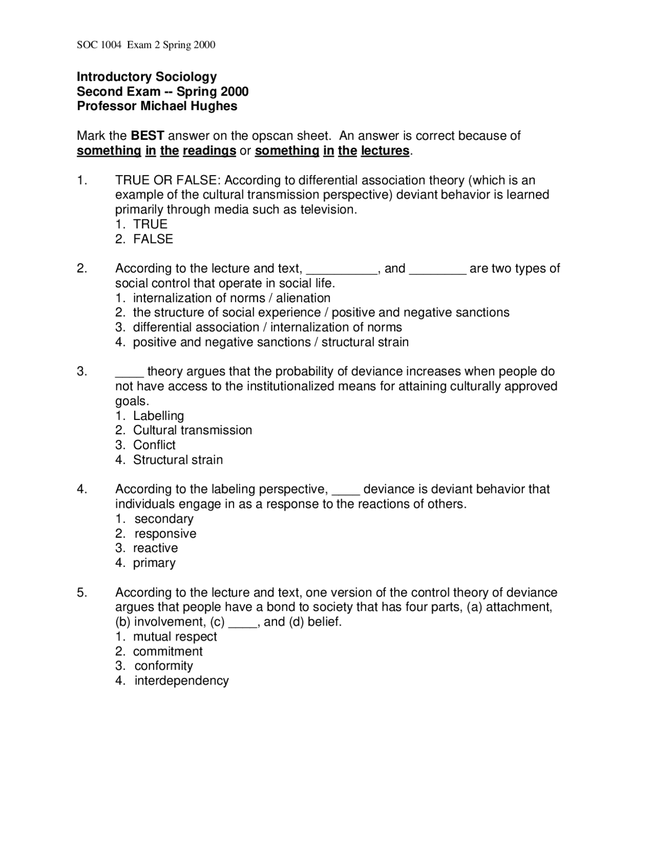 50 Questions on Introductory Sociology for Second Exam | SOC 1004 - Docsity