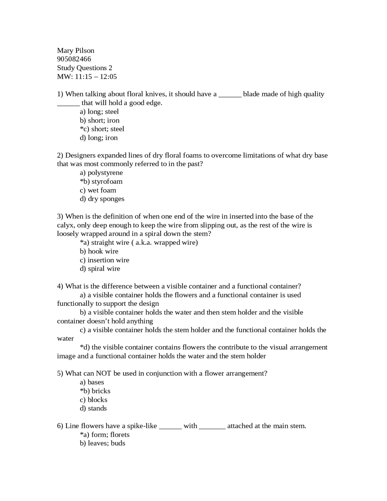 Floral Design - Study Questions | HORT 2164 - Docsity