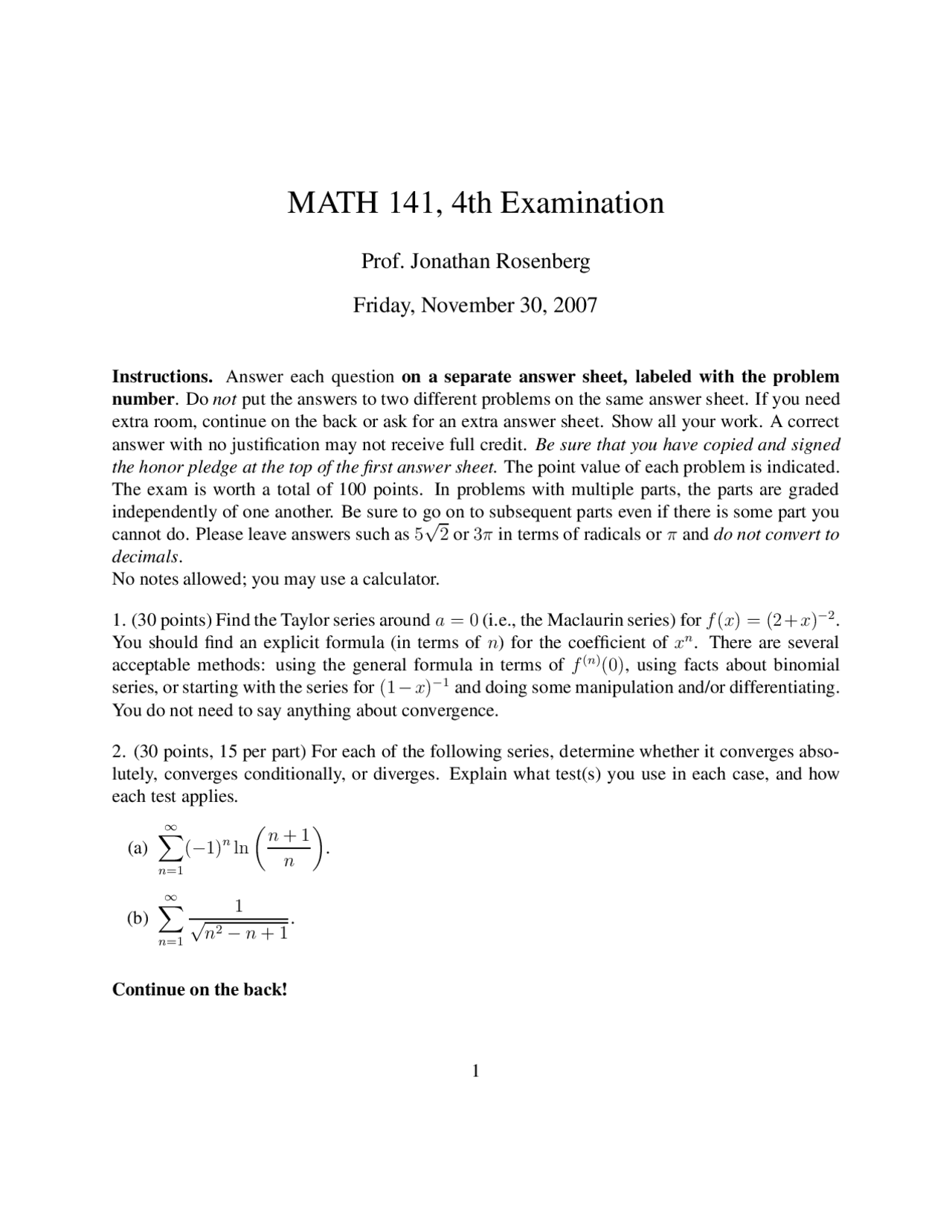 Exam 4 Questions - Calculus II | MATH 141 - Docsity