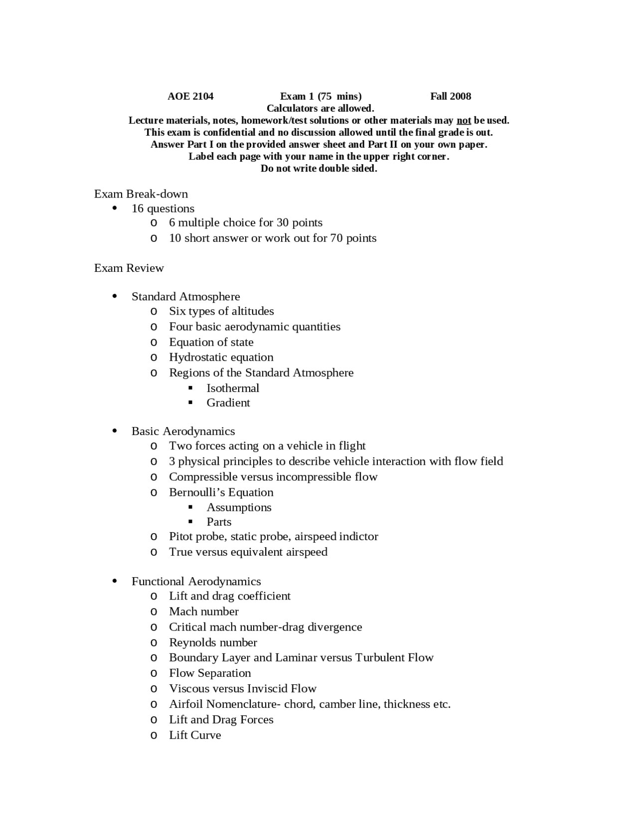 Exam 1 Review Questions On Introduction To Aerospace Engineering Aoe