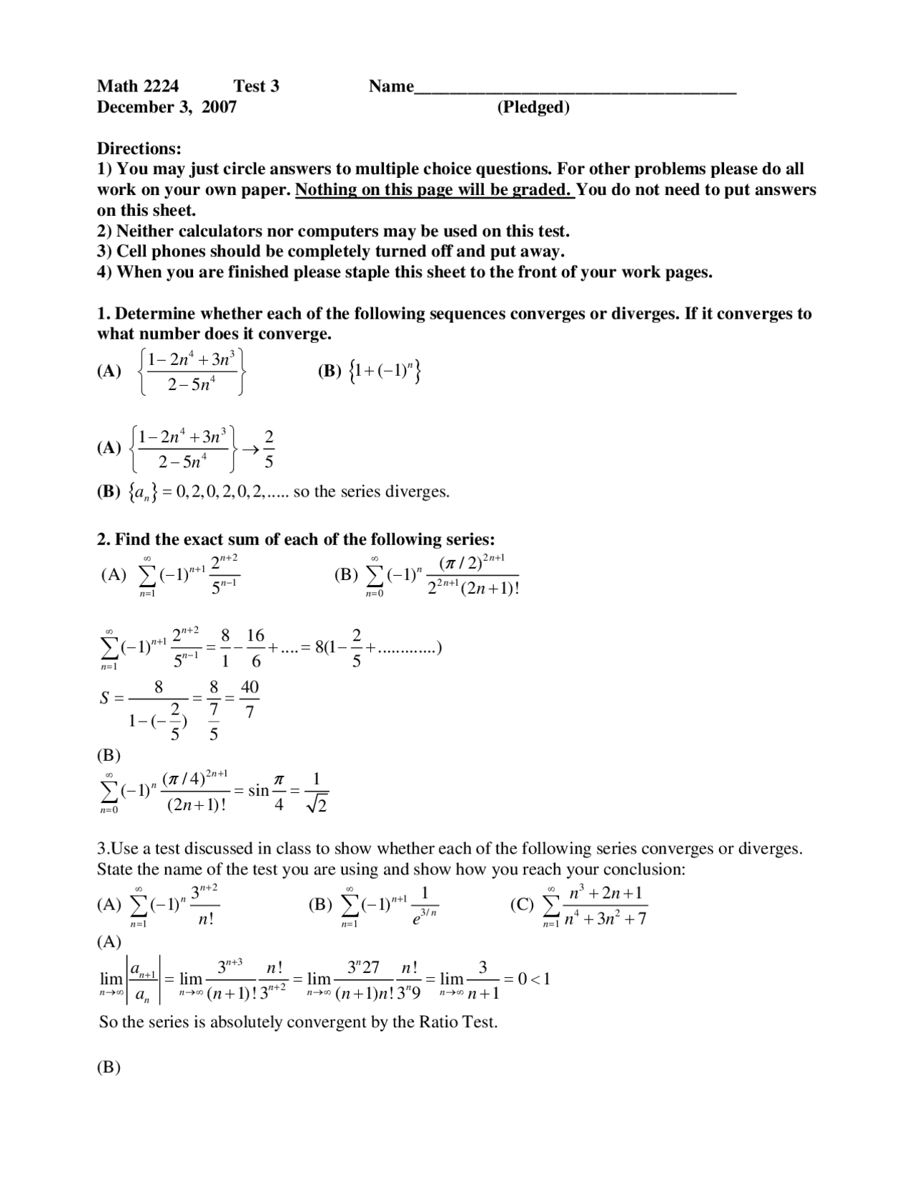 Test 3 With Solutions Multivariable Calculus Math 2224 Docsity