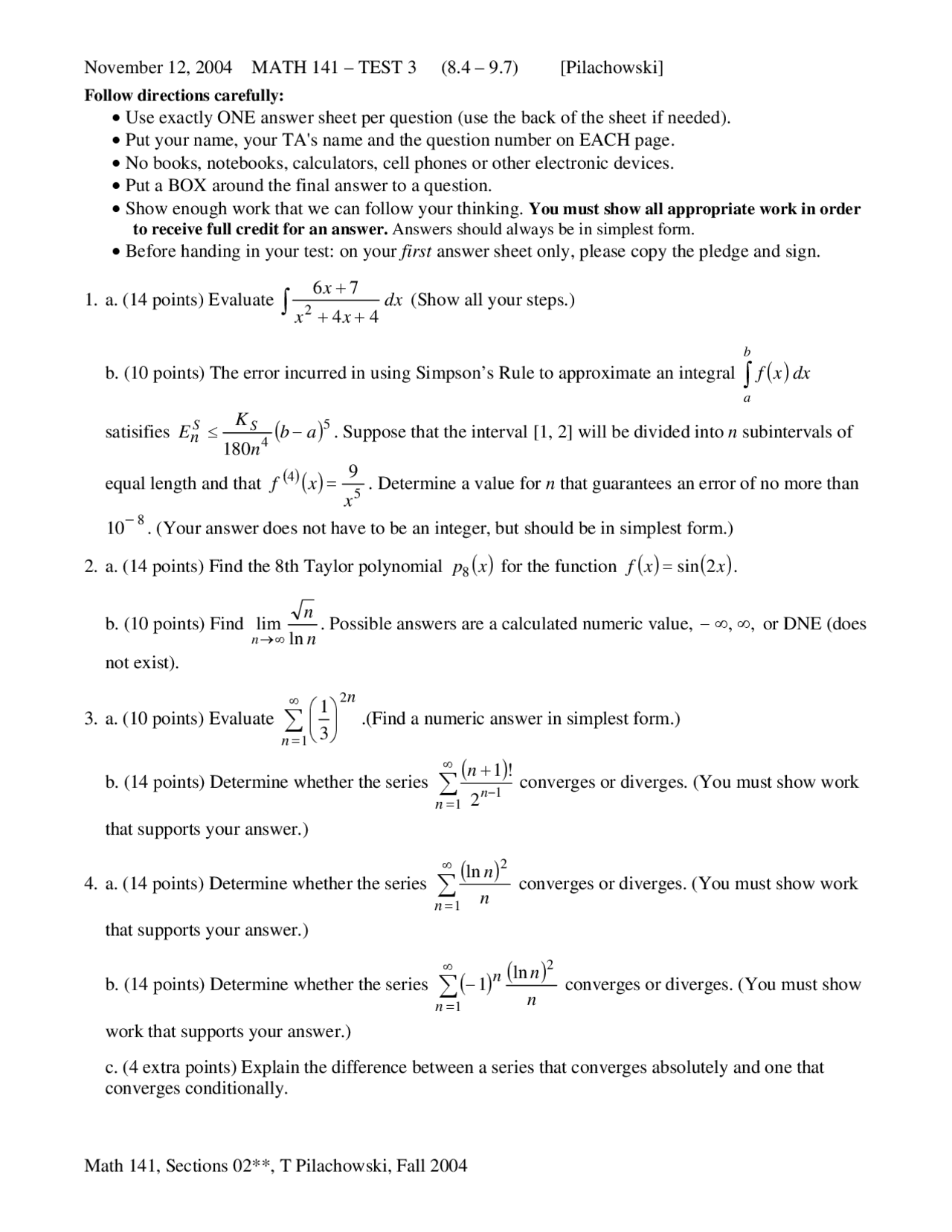 Solution For Exam 3 Questions Calculus Ii Math 141 Docsity