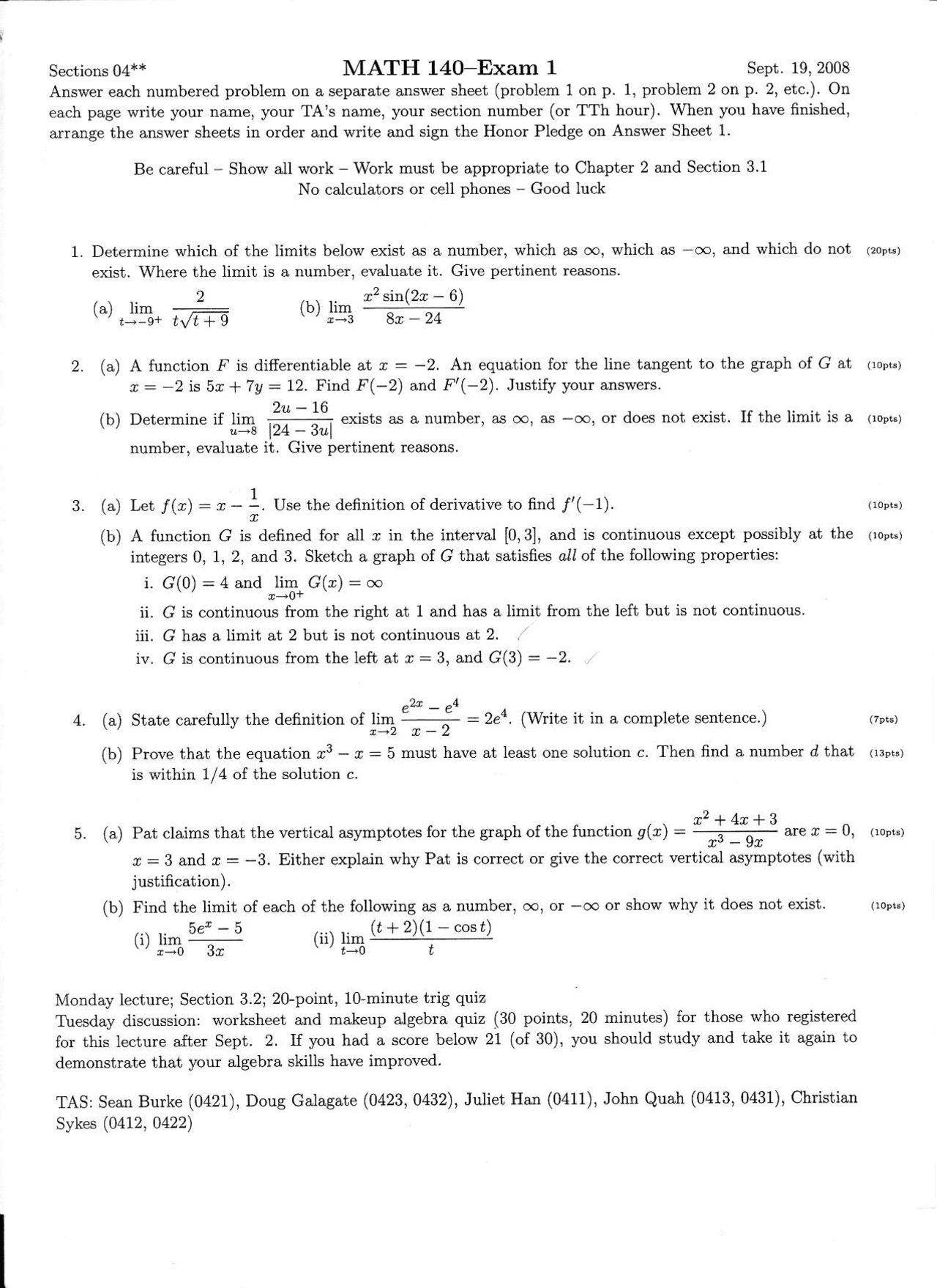 Calculus I - Exam 1 Practice Problems | MATH 140 | Exámenes Cálculo | Docsity