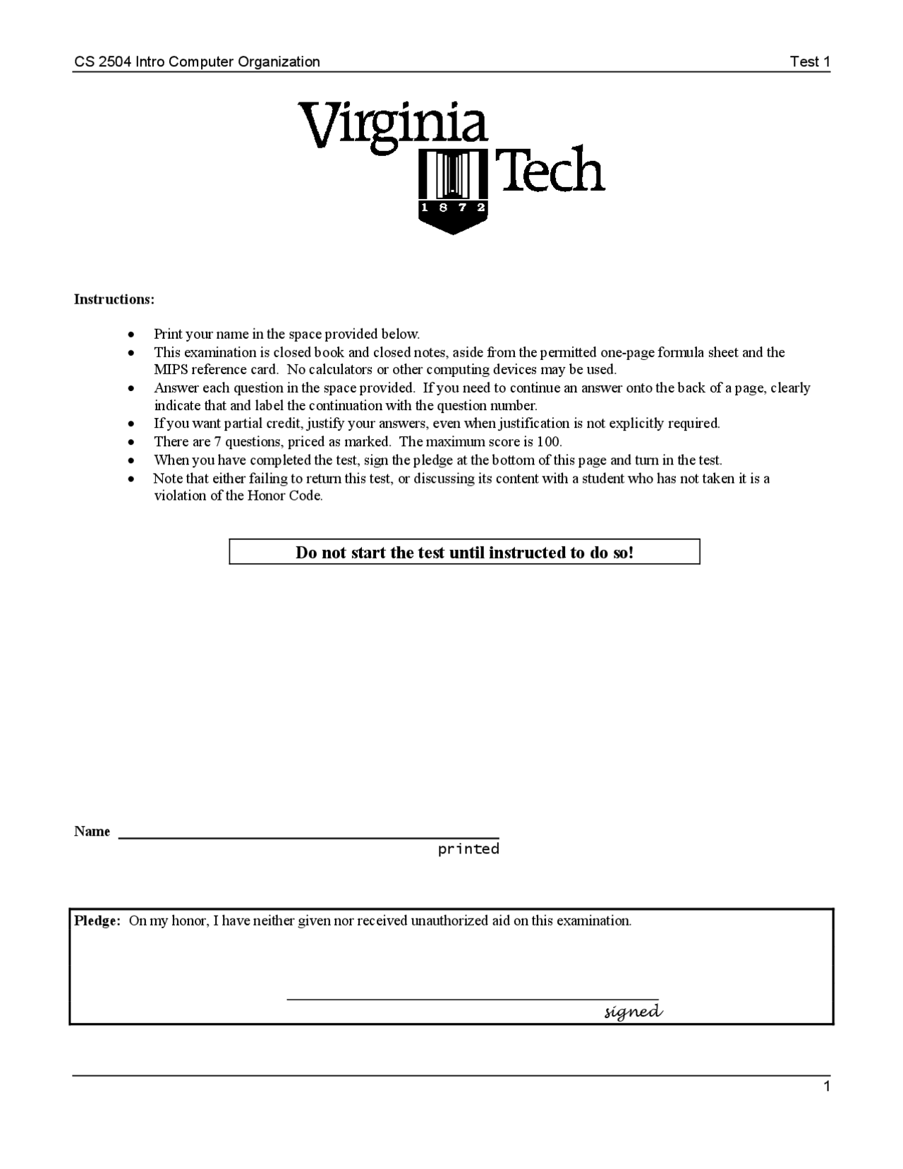 Exam 1 With Answer Key Introduction To Computer Organization Cs
