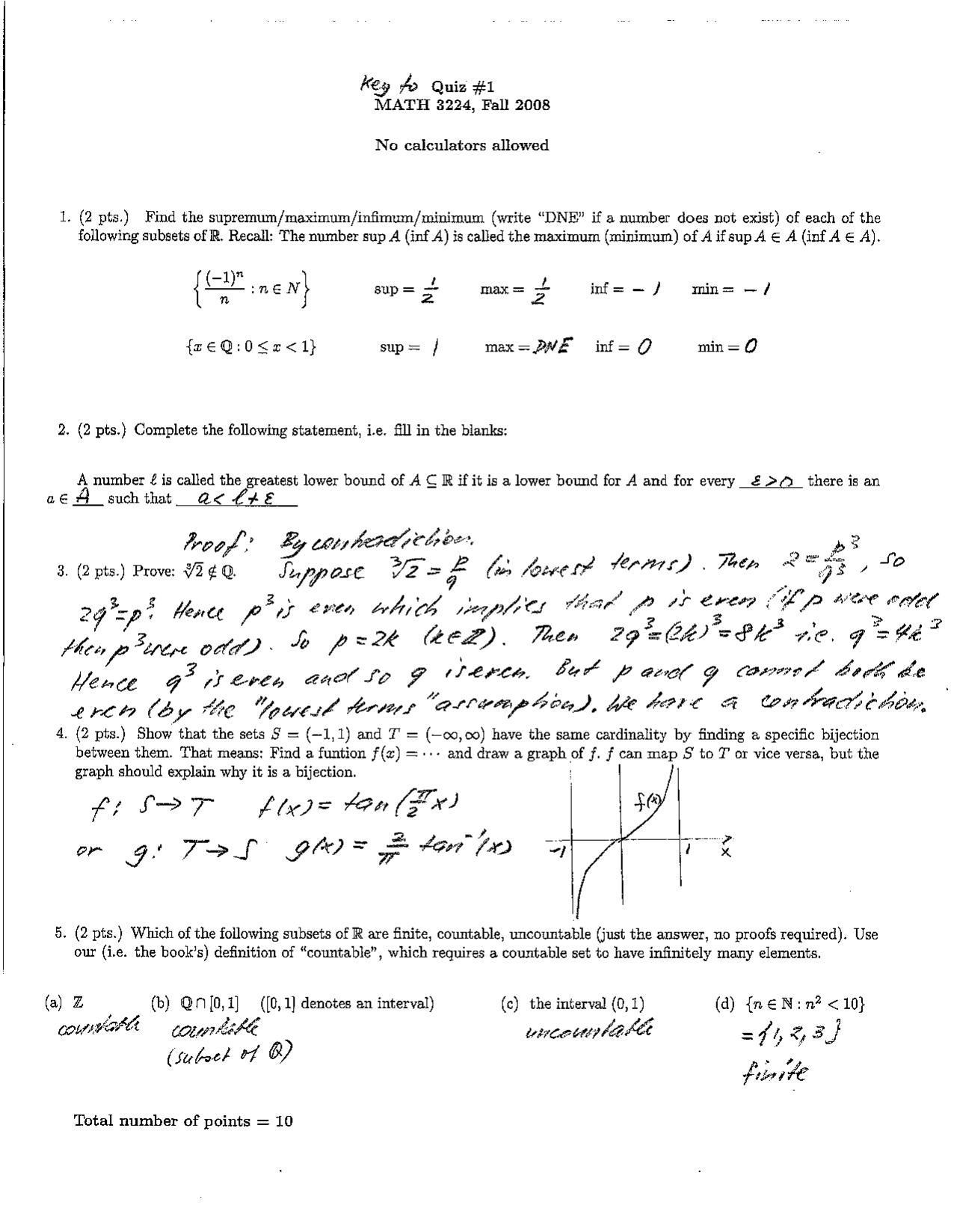 Set and Types of Set Quiz Key | Advanced Calculus | MATH 3224 - Docsity