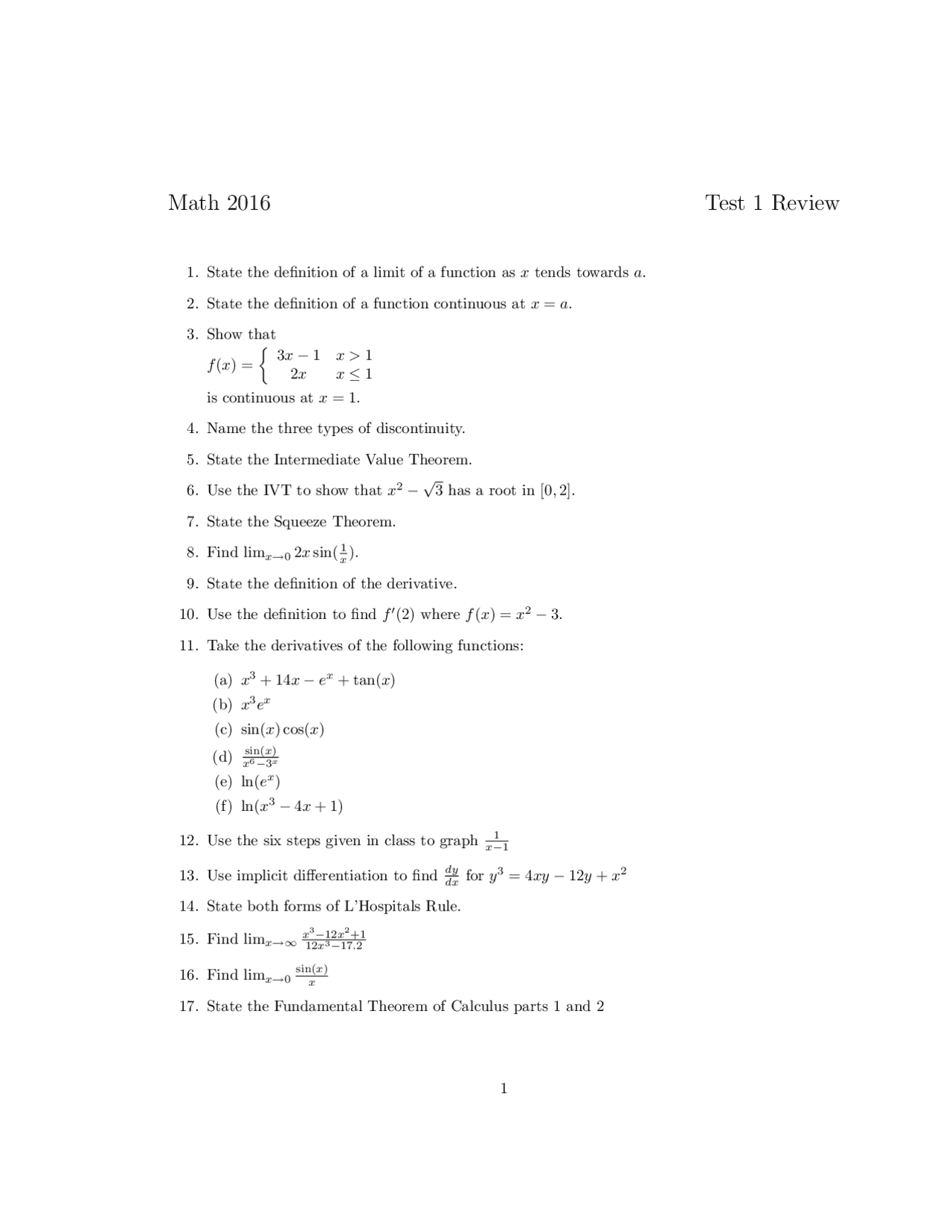 Math 2016 Test 1 Review: Limits, Continuity, Derivatives, and Integrals ...