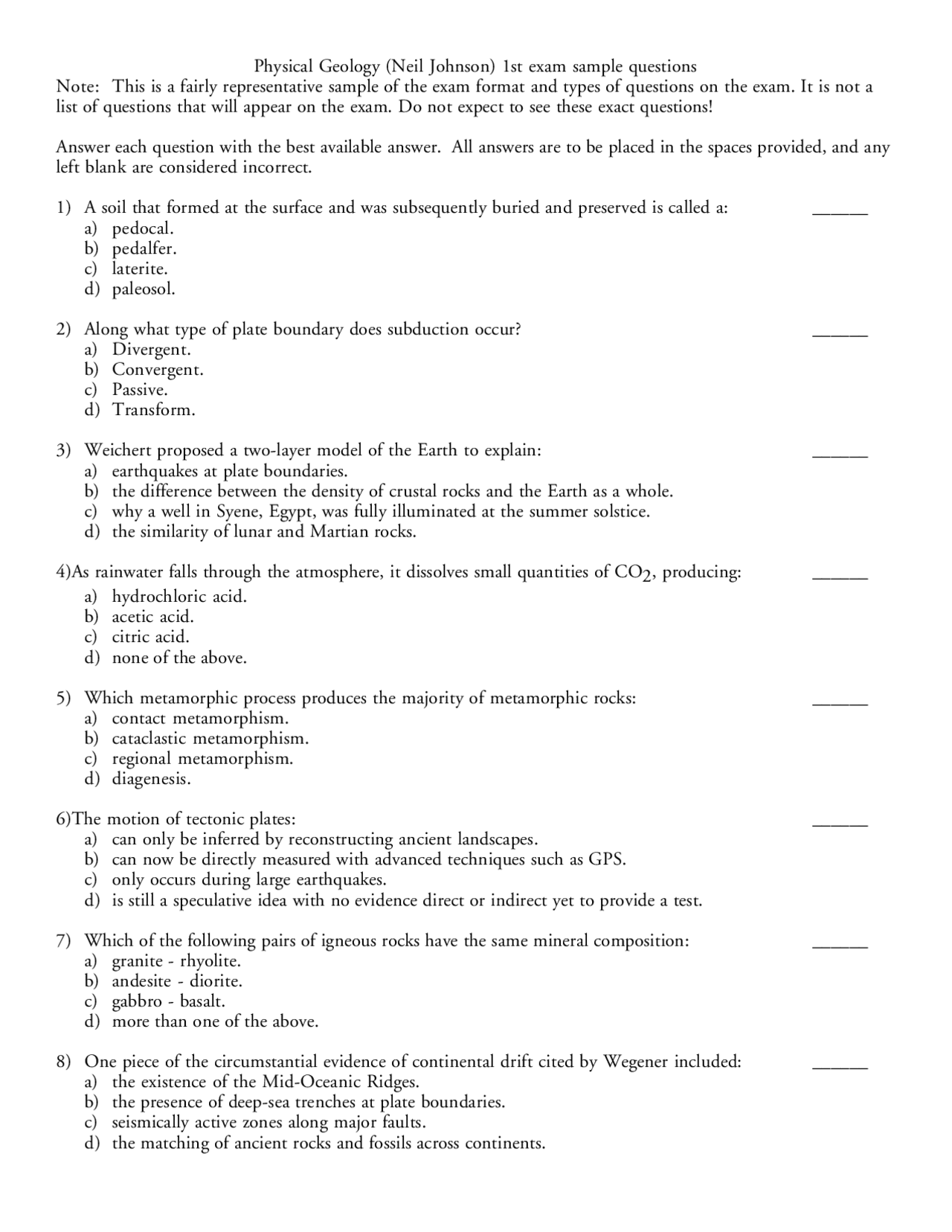 Sample Exam Questions for Physical Geology | Exams Geology | Docsity