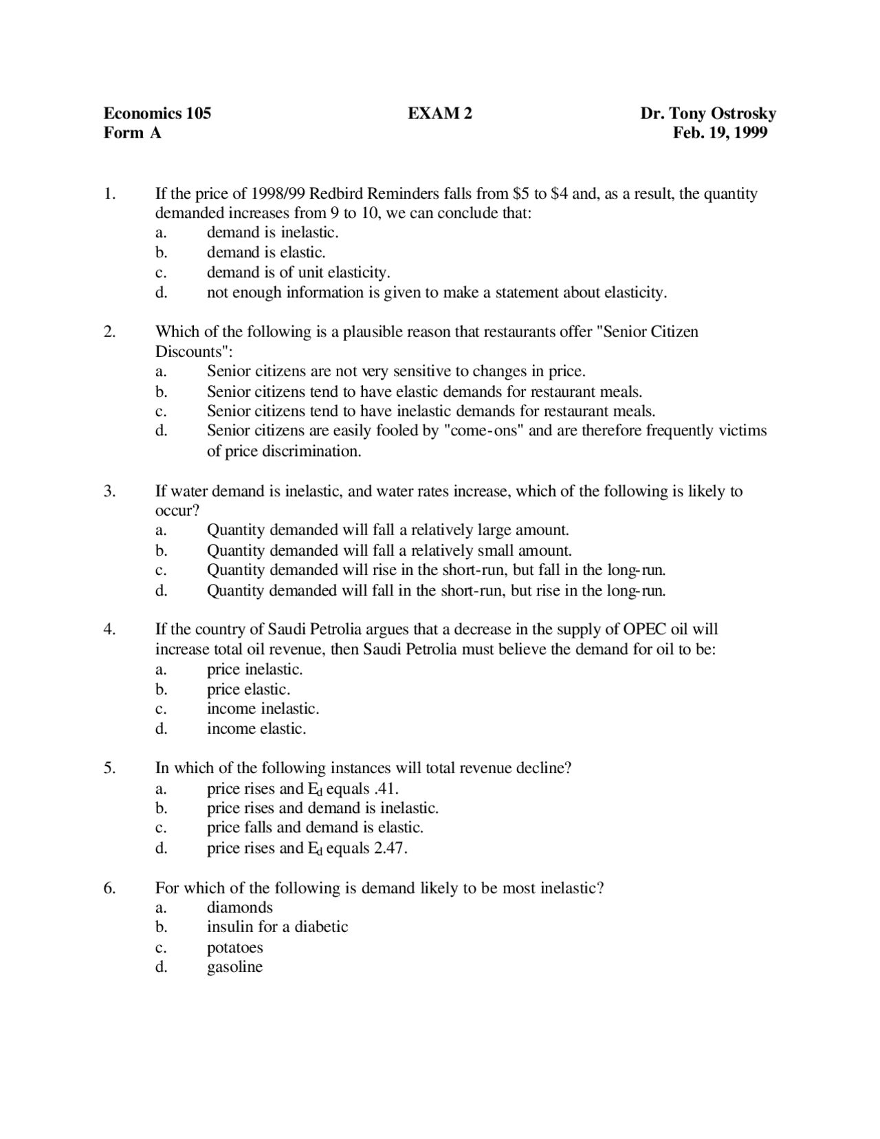 Test II Answer Key - Principles of Economics | ECO 105.00 - Docsity