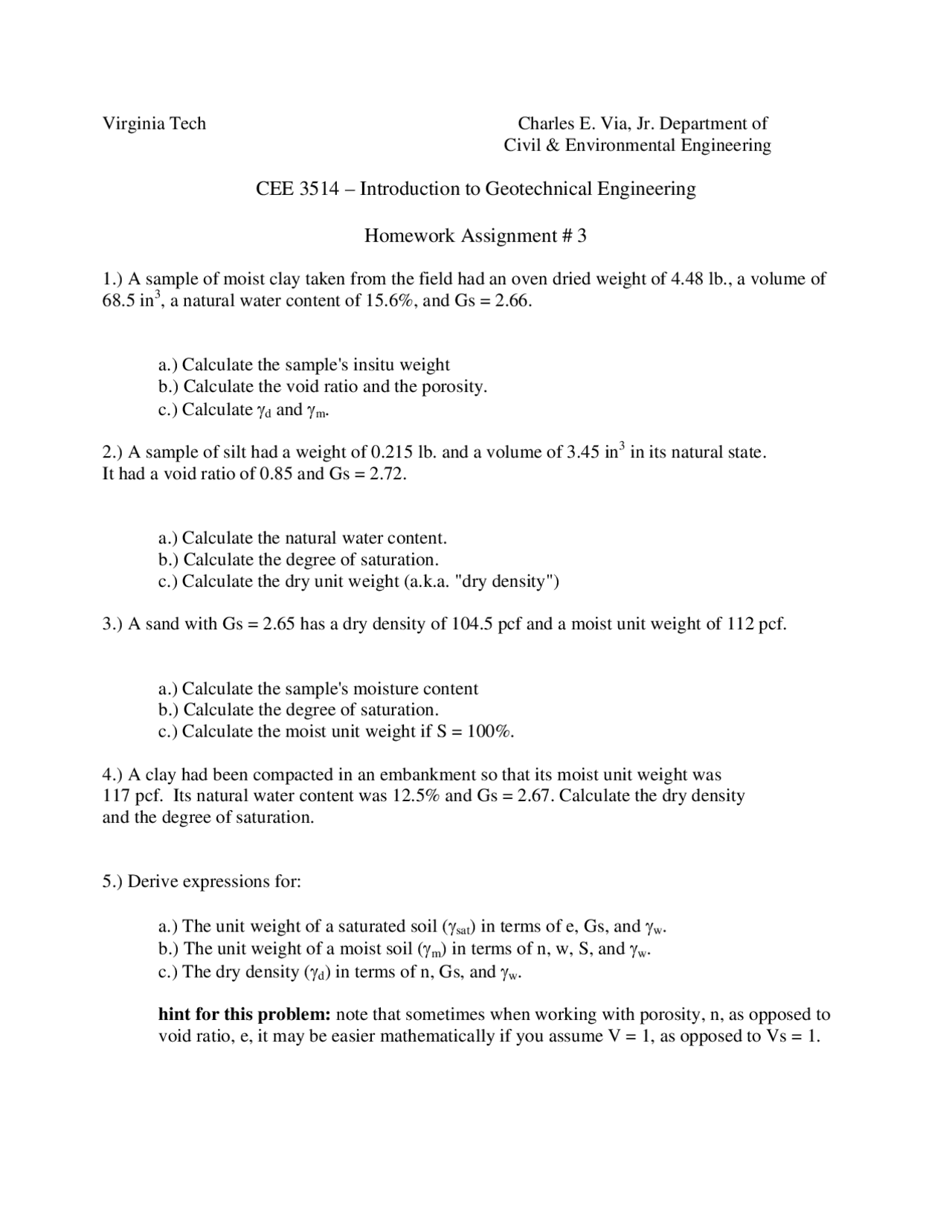 5 Questions Homework 3 Introduction To Geotechnical Engineering
