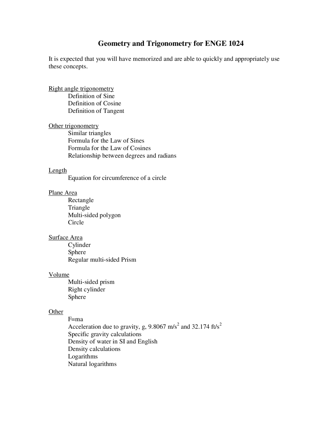 Trigonometry and Geometry - Course Outline | ENGE 1024 - Docsity