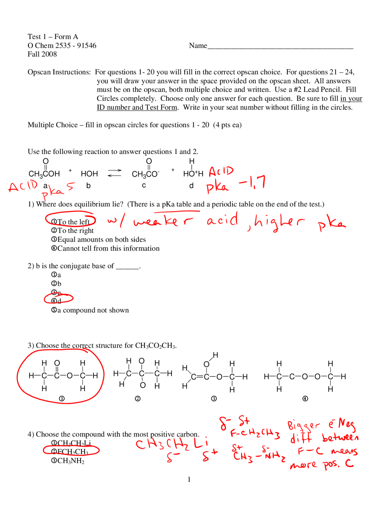 O Chem Multiple Choice Exam 1 A With Solutions Chem 2535 Docsity