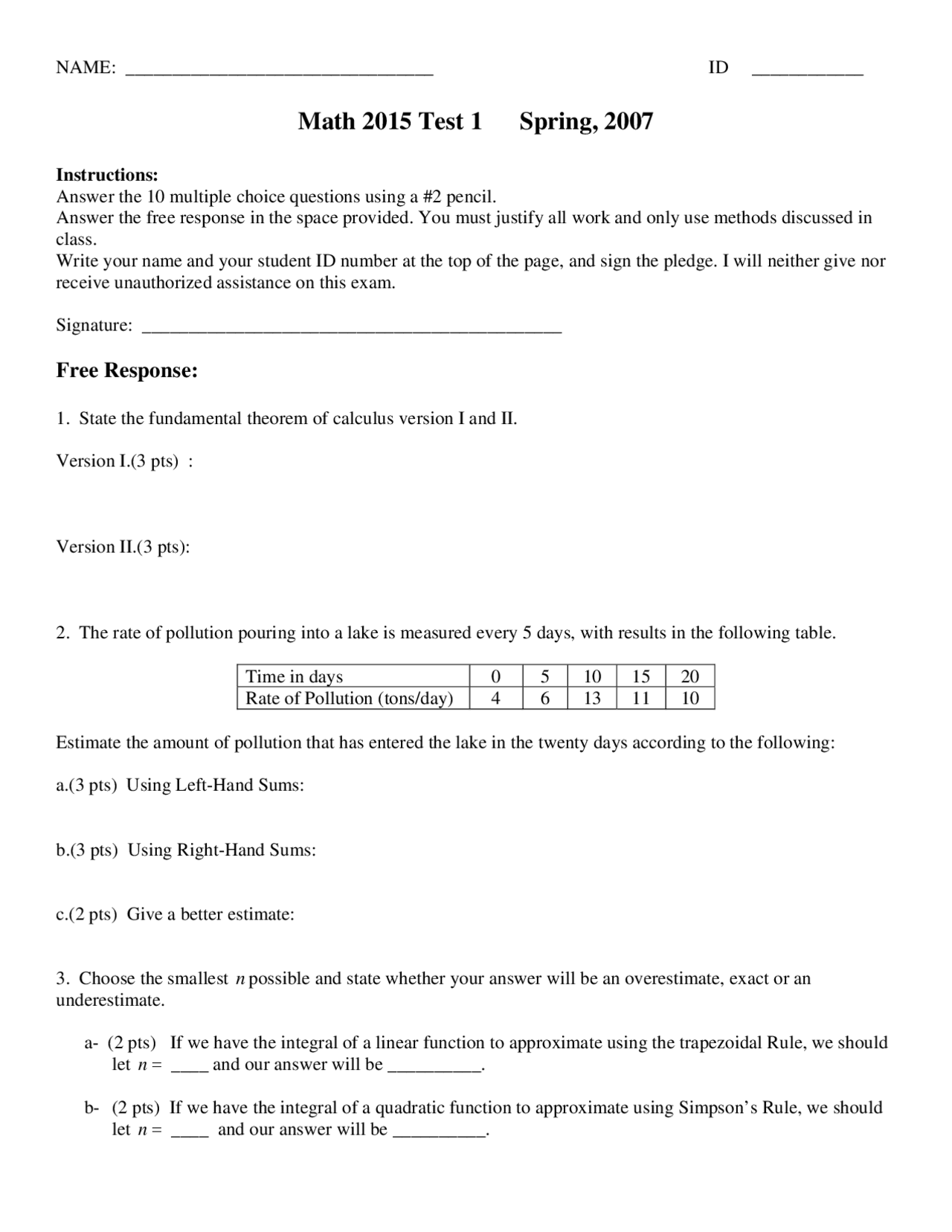 Calculus With Trigonometry Ii Test 1 Practice Problems Math 2015