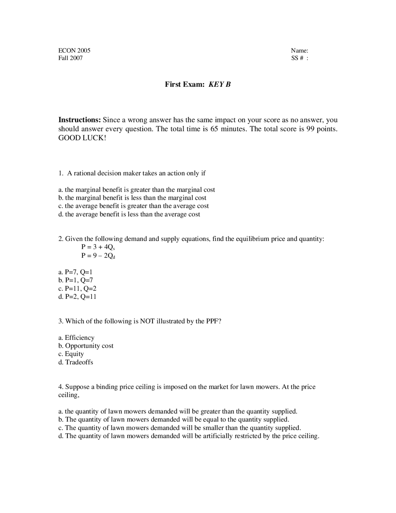 First Exam With Answer Key Principles Of Economics Econ 2006 Docsity