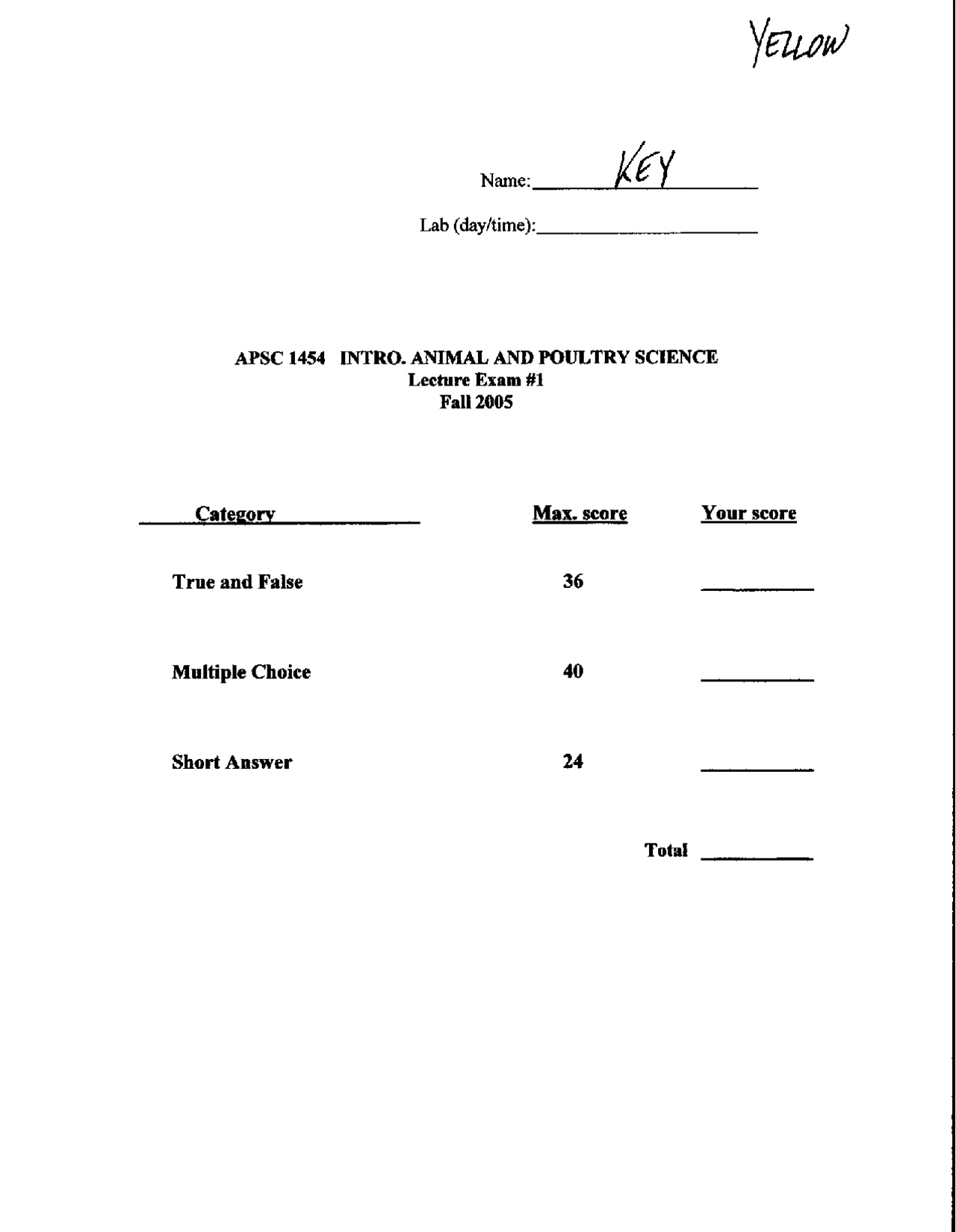 Midterm Exam 1 with Answer key - Animal and Poultry Science | APSC 1454 ...