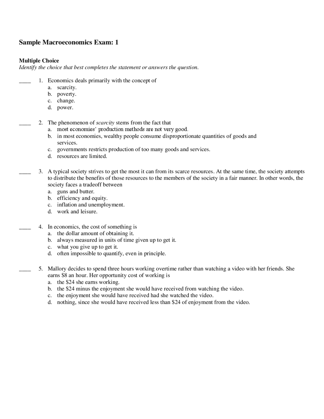 Principles Of Economics Sample Exam Answer Key Econ 2005 Docsity