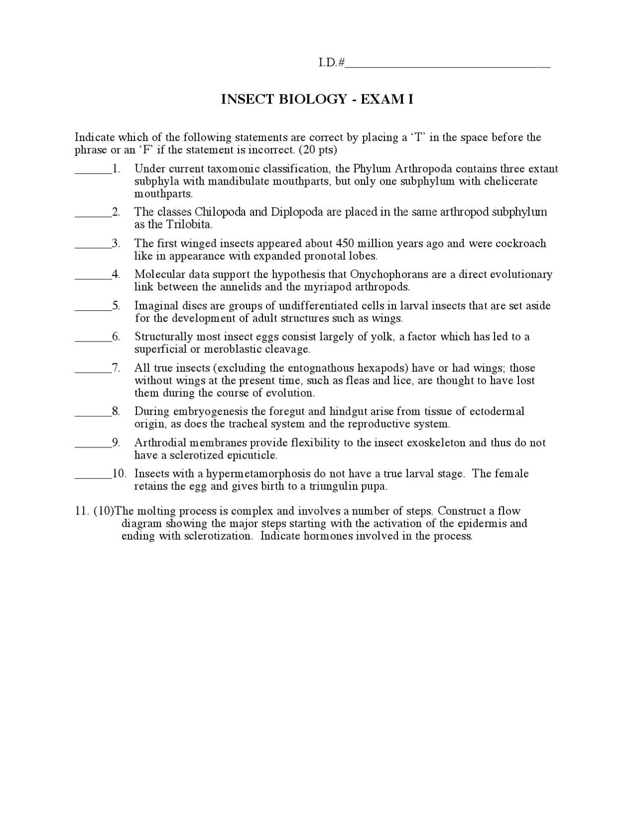 Questions for Exam 1 - Insect Biology | BIOL 3014 - Docsity