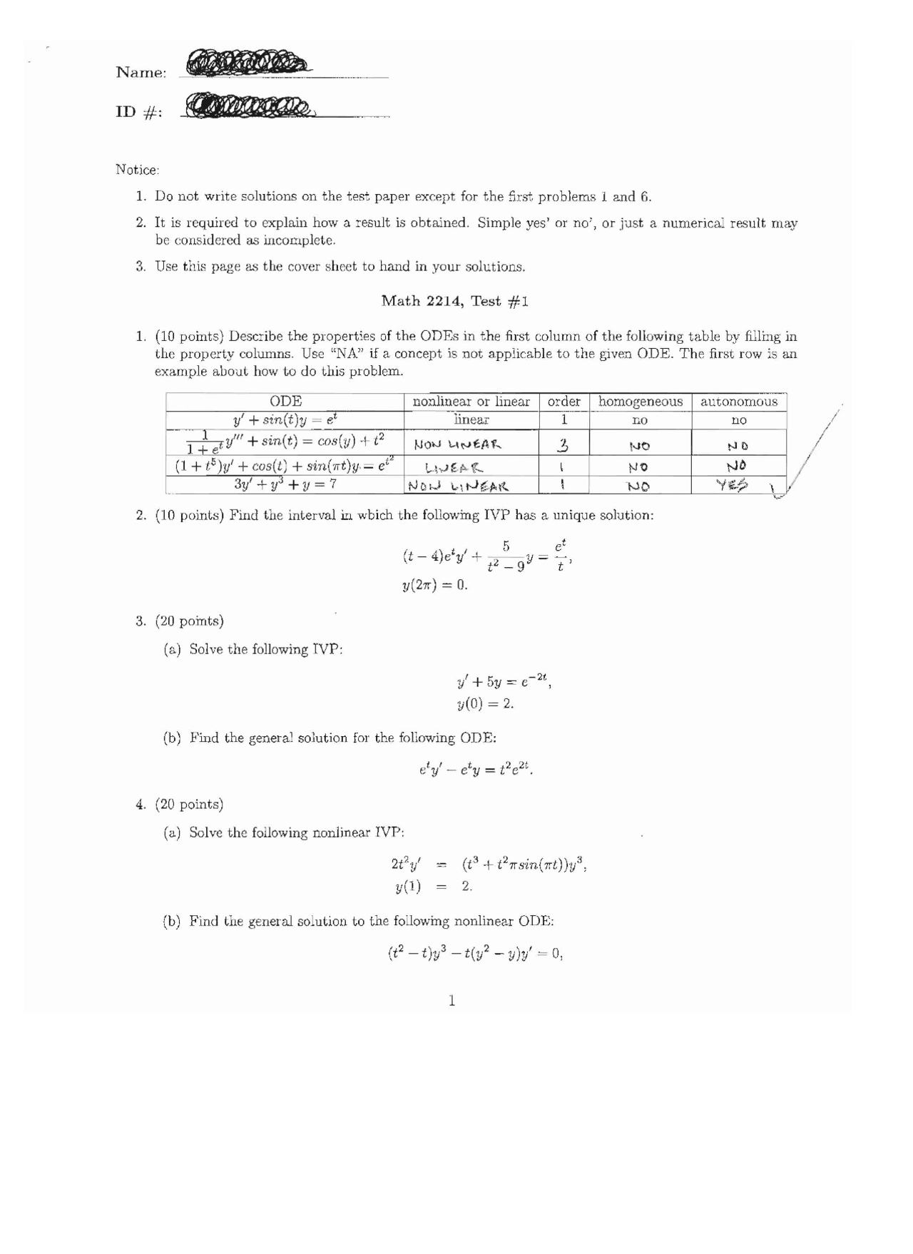 Introduction Differential Equations Final Exam 1 With Answers Math